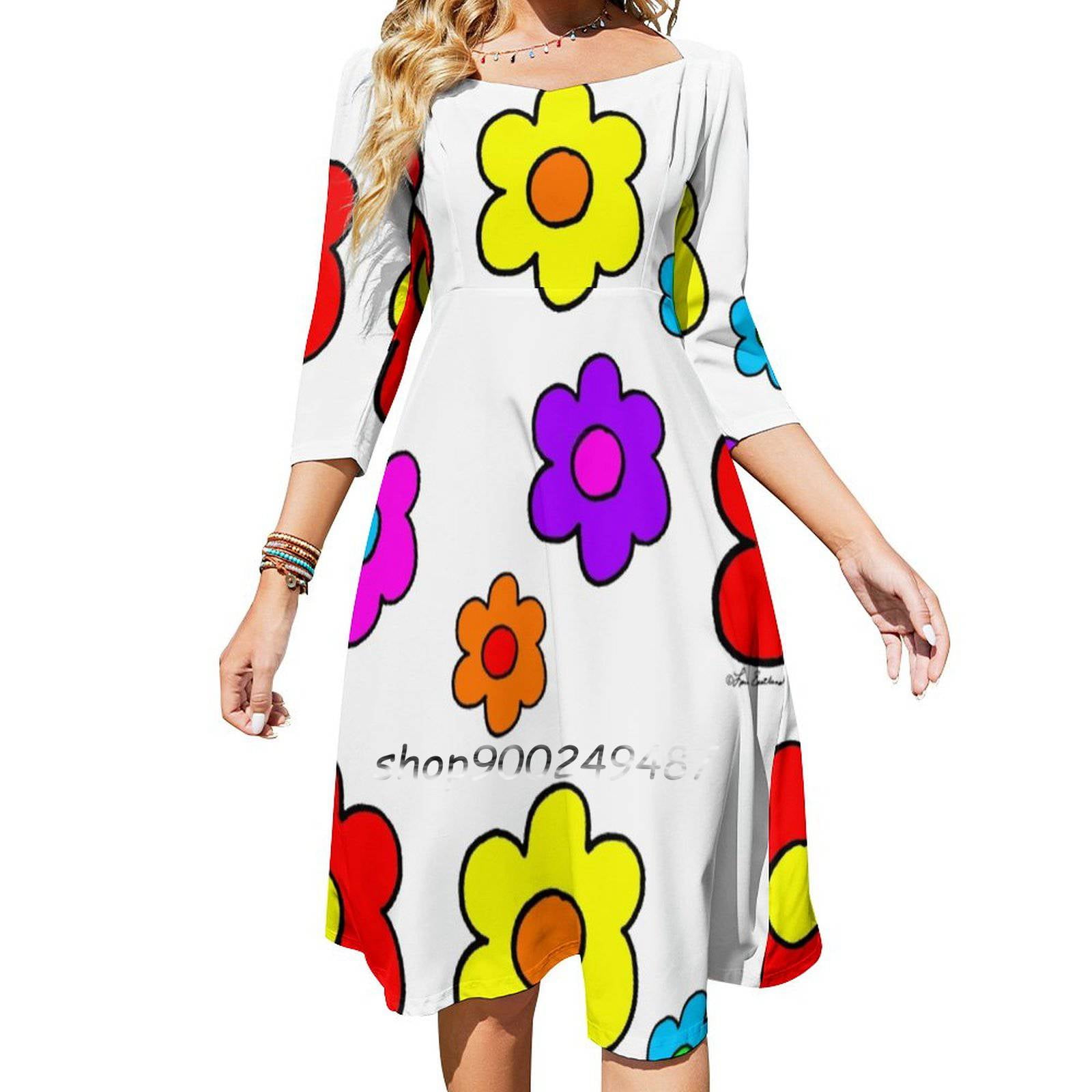 Pop Flower White Square Neck Dress New Plus Size Elegant Women Waist ...