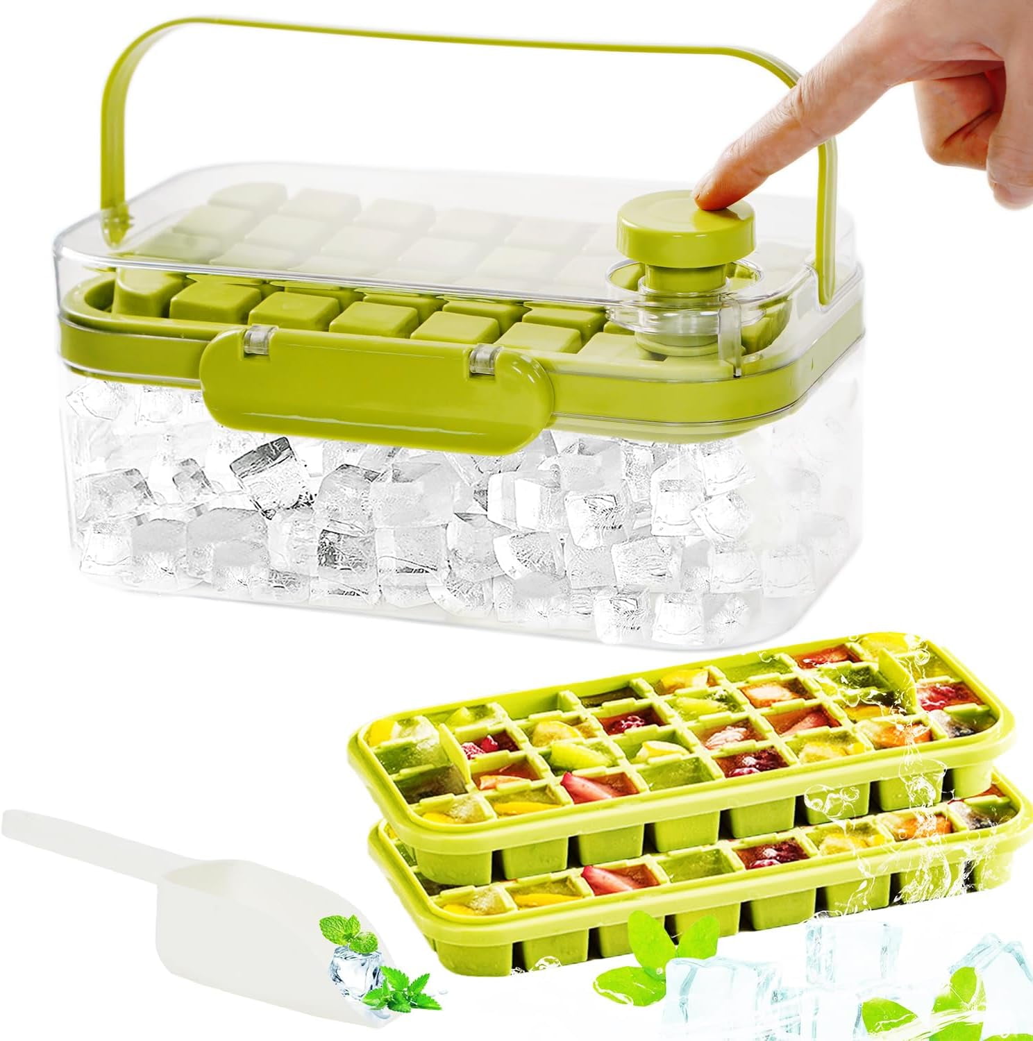 Pop Ice Cube Tray with Lid Bin and Scoop ,Convenient Square Ice Cubes ...