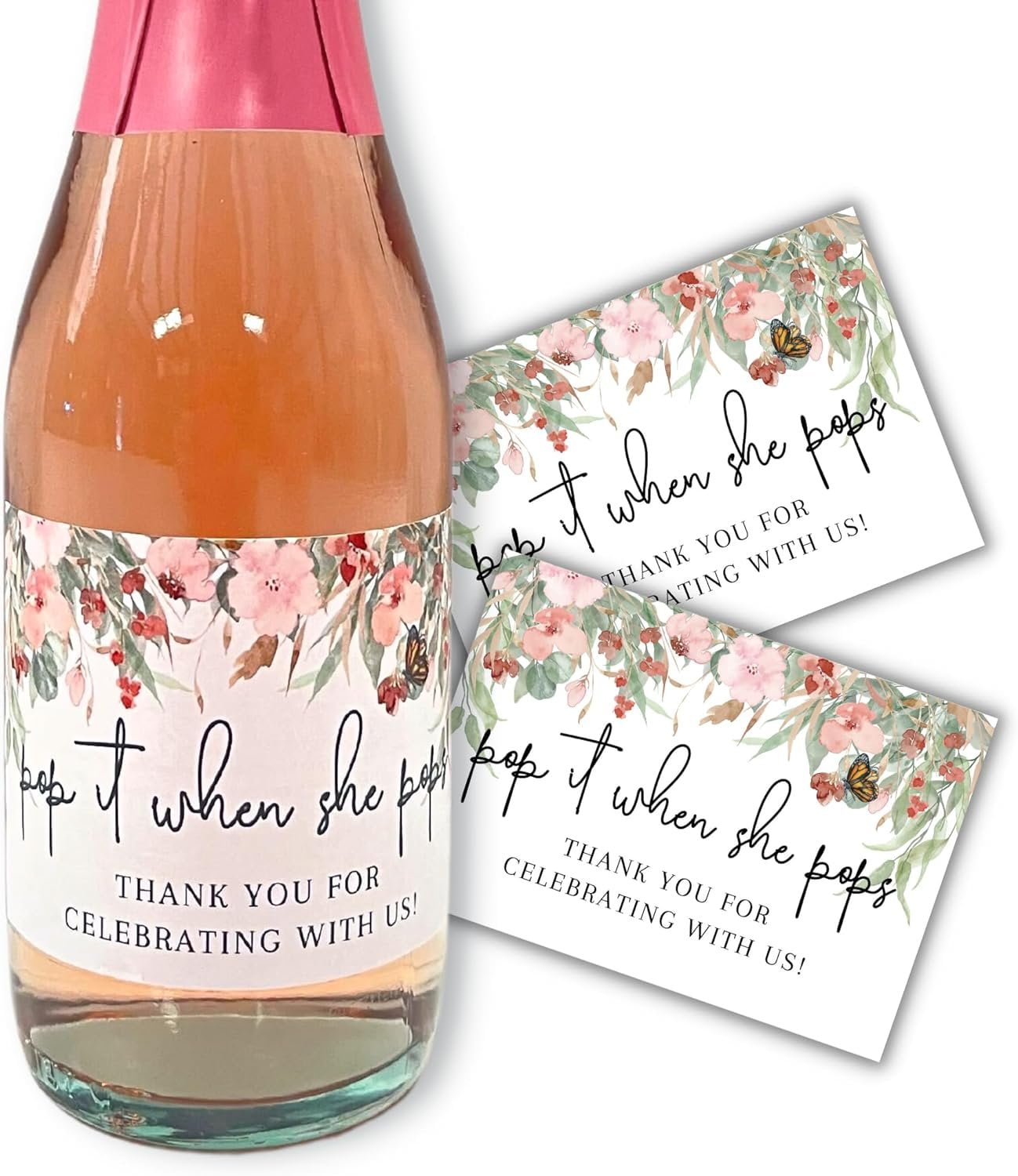 Pop It When She Pops Pink Floral Mini Champagne Bottle Label 12 pk 2 x ...