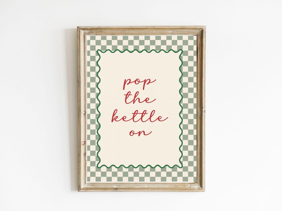 Pop The Kettle On Poster | Vintage Kitchen Wall Art | Retro Checkered ...