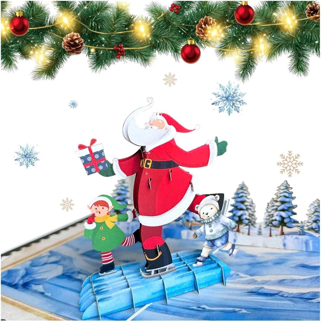 Pop-Up Christmas Cards, 3D Christmas Cards with Skating Santa, Elf ...