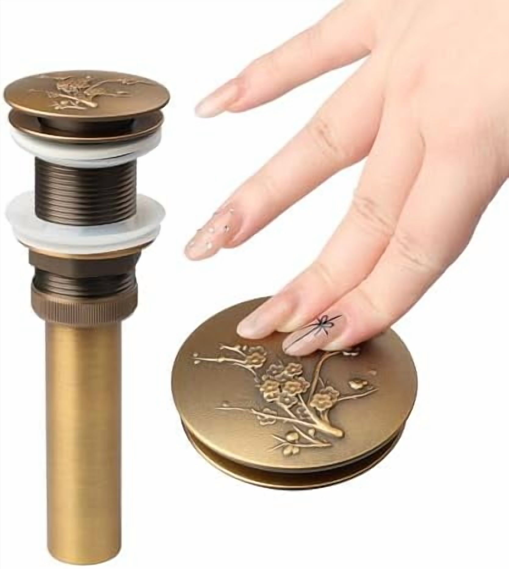 Pop-Up Sink Drain - Antique Brass Bathroom Basin Stopper with Engraved ...