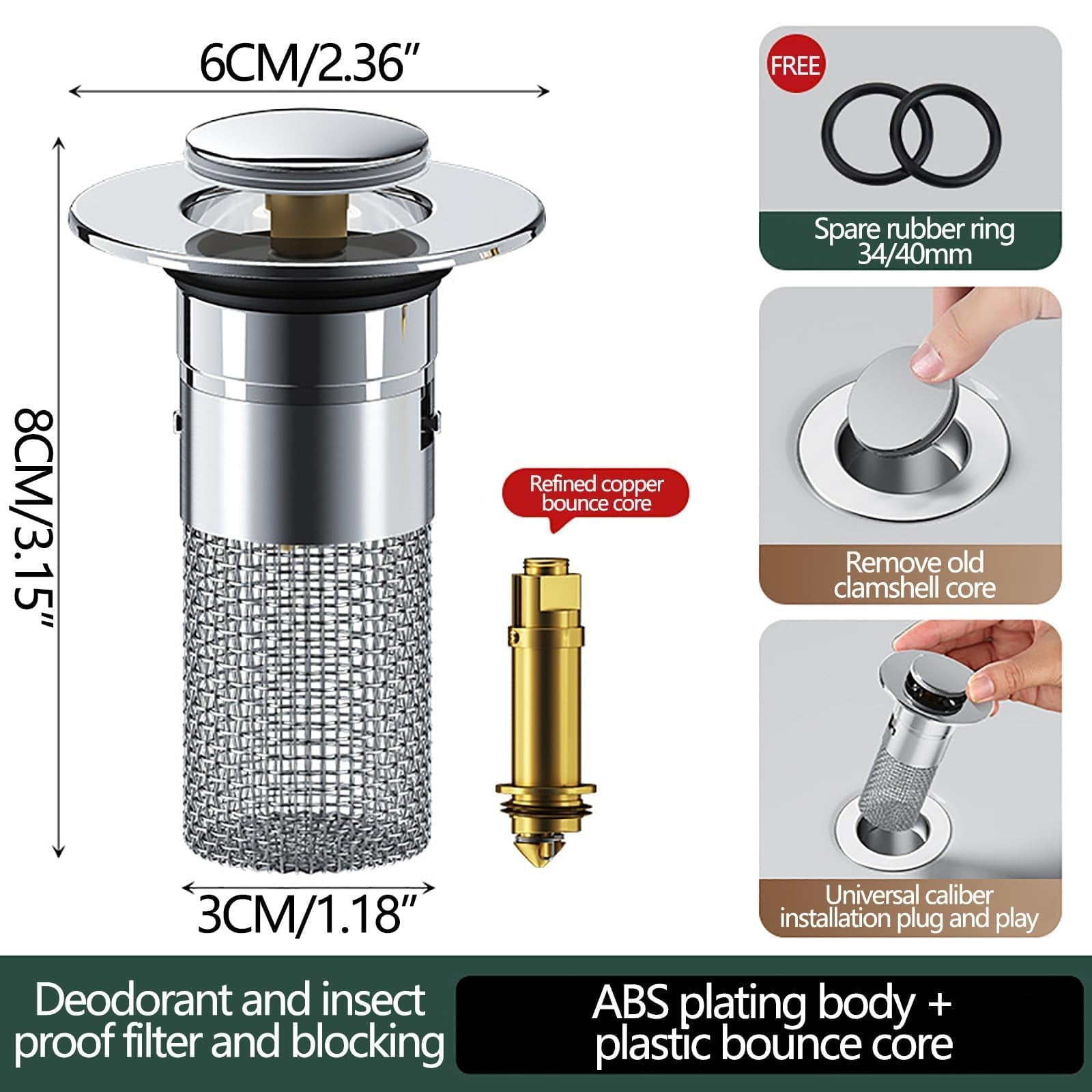 Pop up Sink Drain Stopper with Removable Hair Catcher - Stainless Steel ...