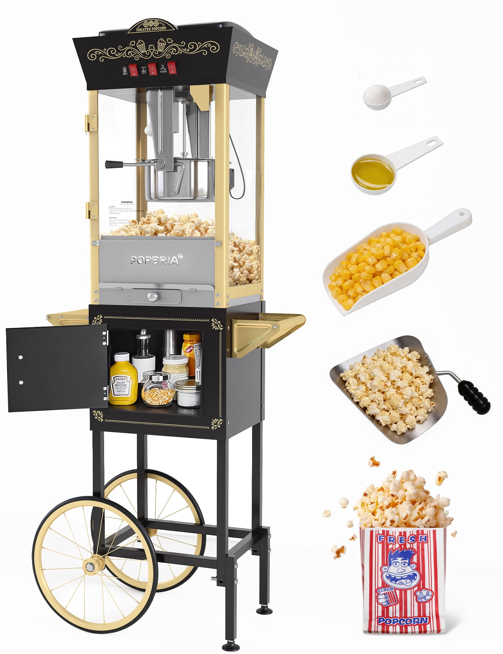 PopBria Popcorn Machine with Cart, 12oz Retro Professional Popcorn ...