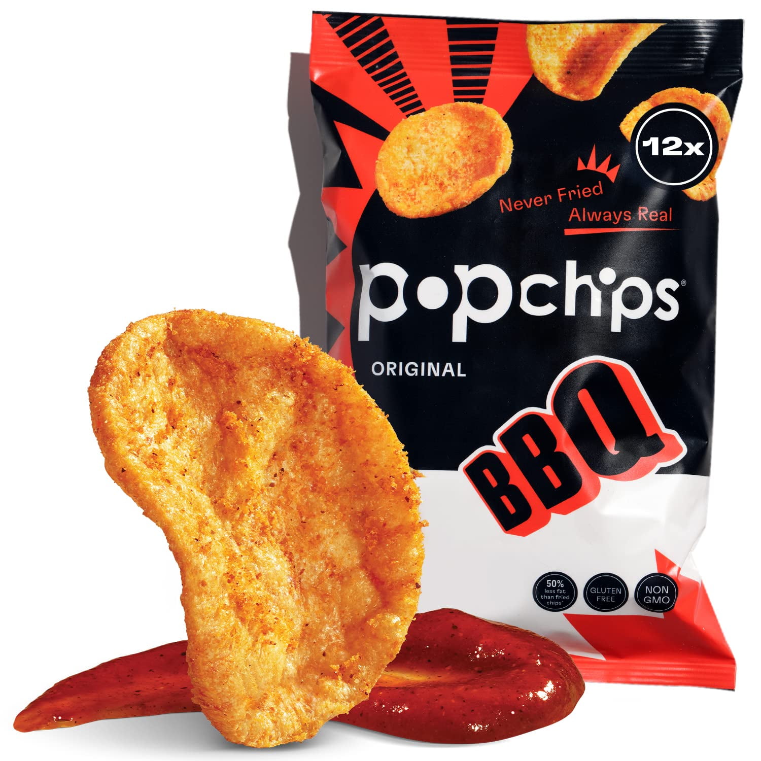 Popchips Potato Chips, BBQ, 12ct Single Serve 0.8oz Bags, Low-Calorie ...