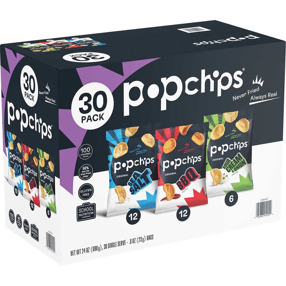popchips Potato Chips, Variety Pack, 0.8 oz, 30 Count, Salty Snack Box ...