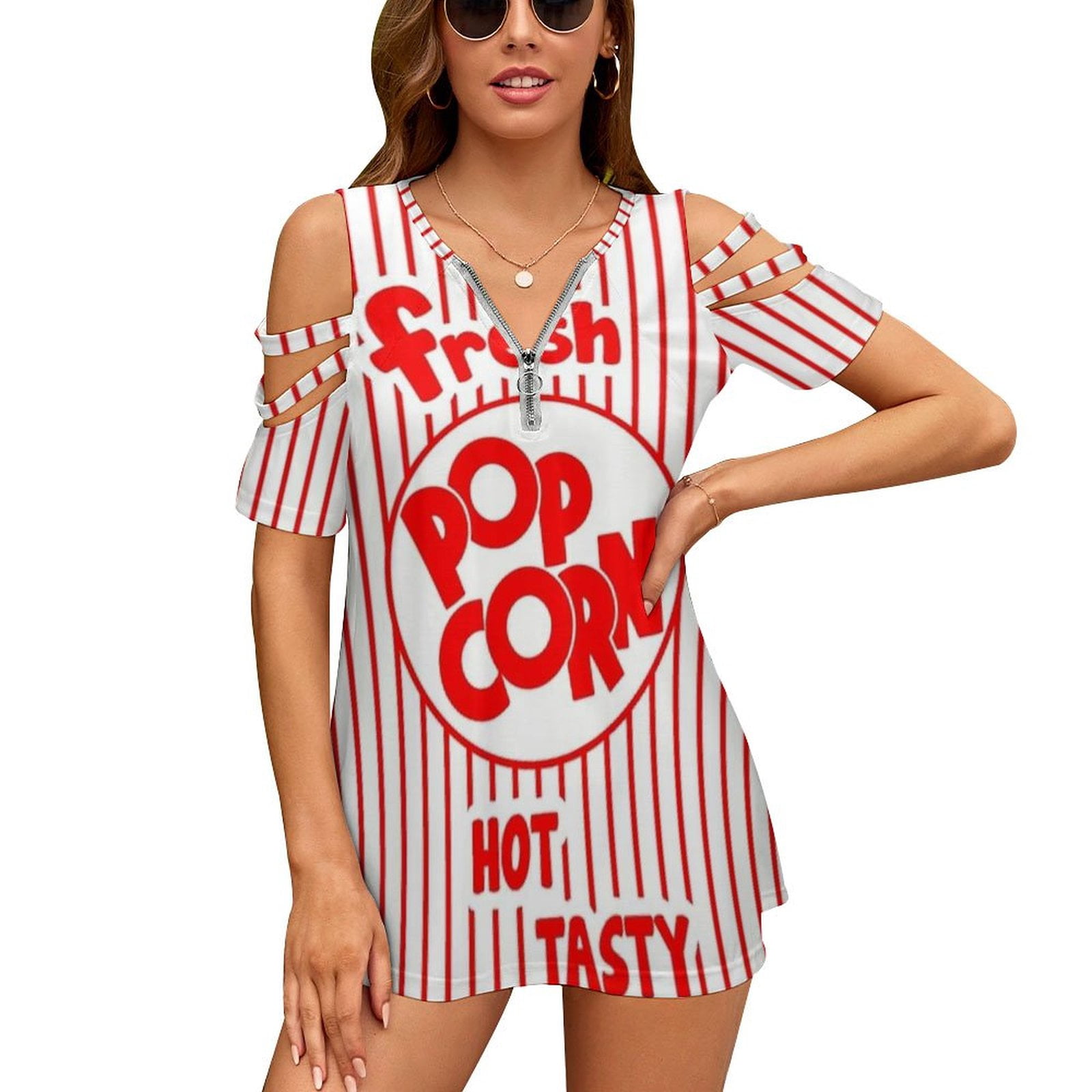 Popcorn Bag Print O-Neck Off-The-Shoulder Top Short-Sleeved T-Shirt ...