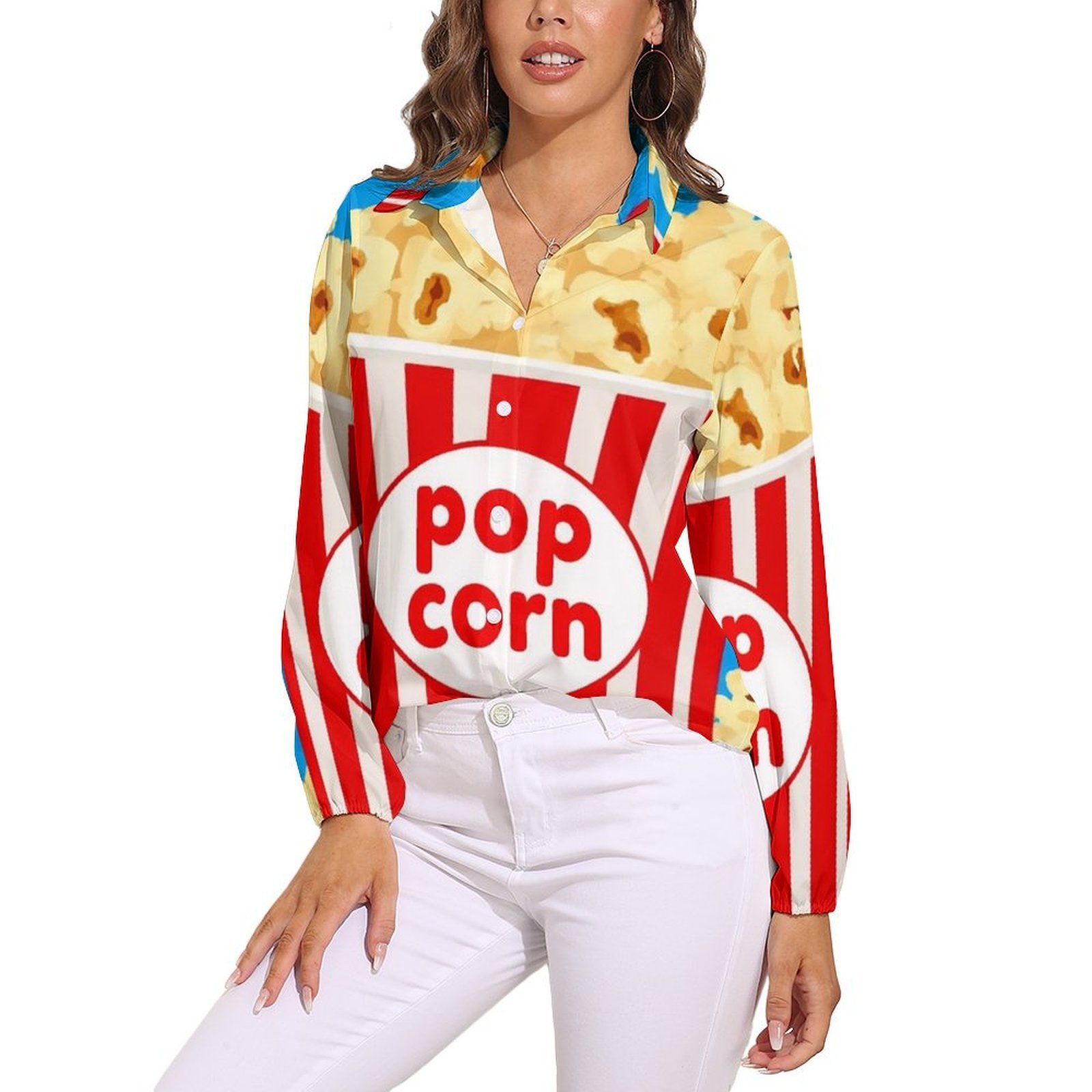 Popcorn Bucket Pattern-1 Vntage Casual Long Sleeve Shirt Blouse Woman ...