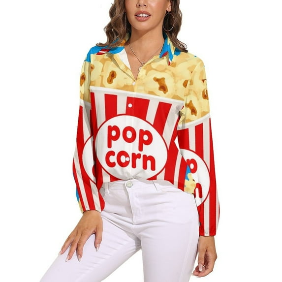 Popcorn Bucket Pattern-1 Vntage Casual Long Sleeve Shirt Blouse Woman ...