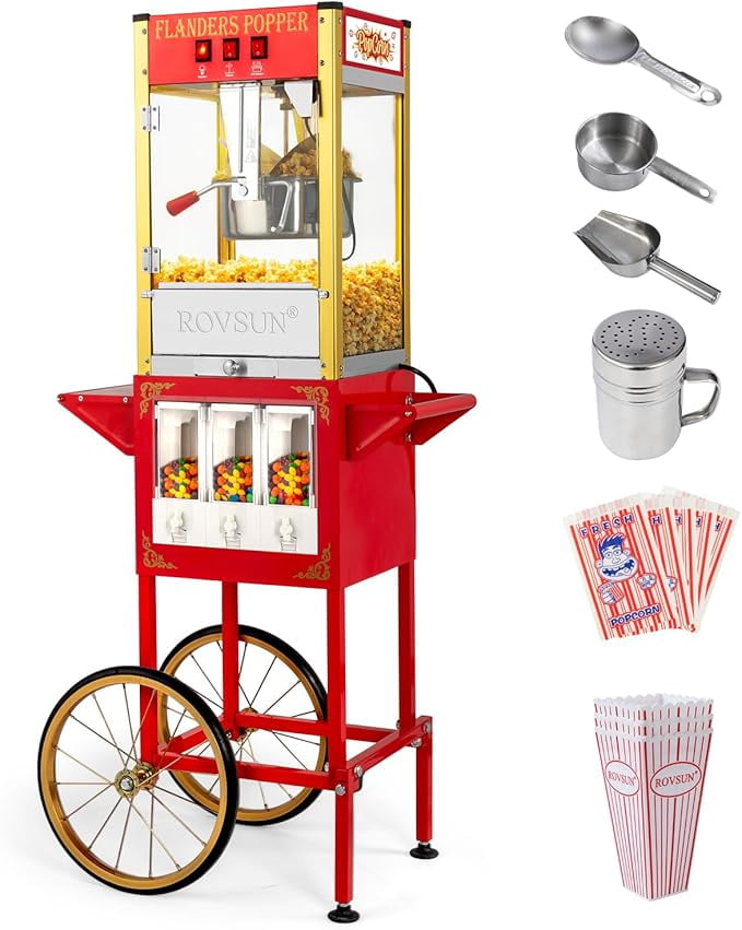 Popcorn Machine with Cart, Wheels & 8 Oz Kettle Makes Up to 32 Cups ...
