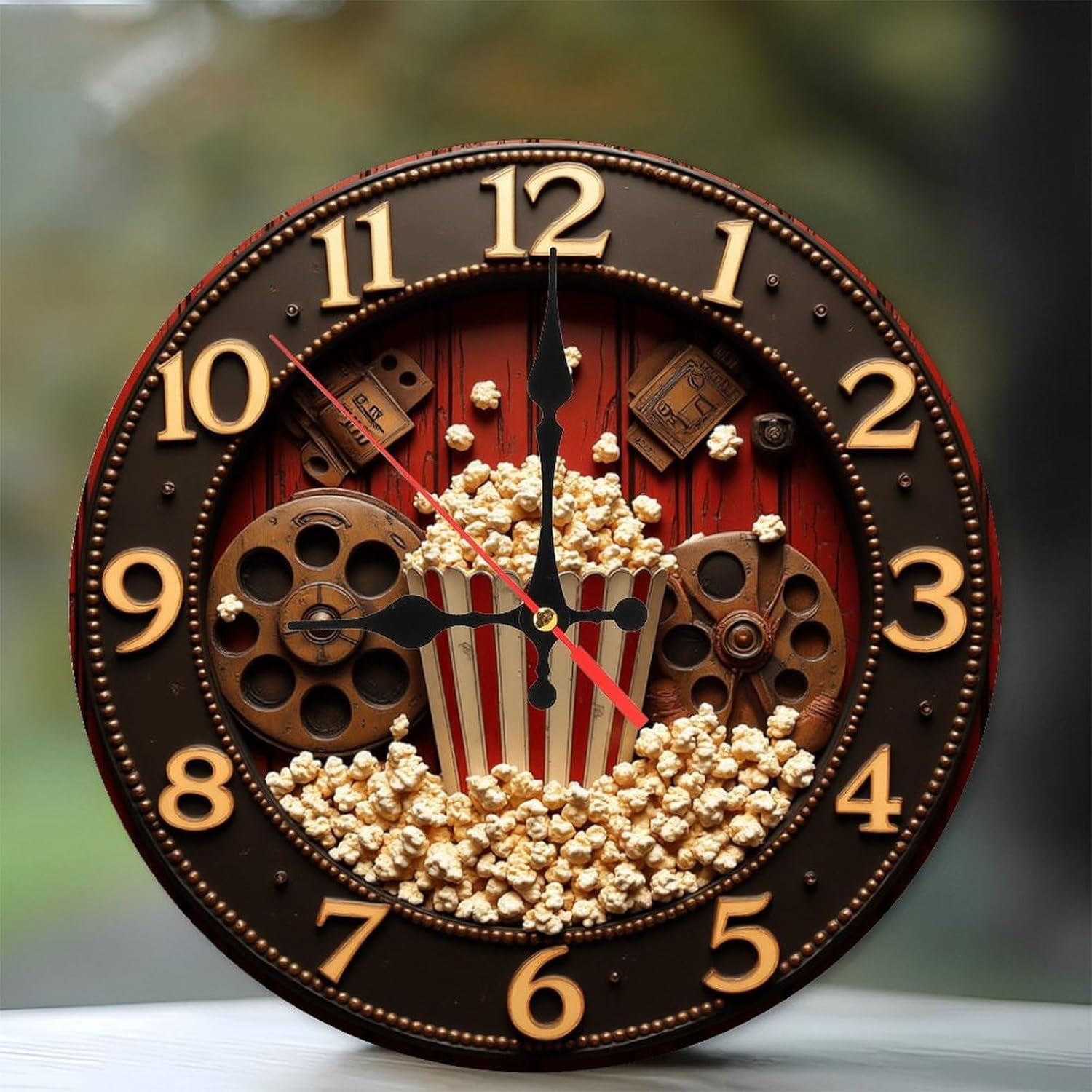 Popcorn Movie Theater Wall Clock Retro Film Reel Decor 10-Inch Wooden ...