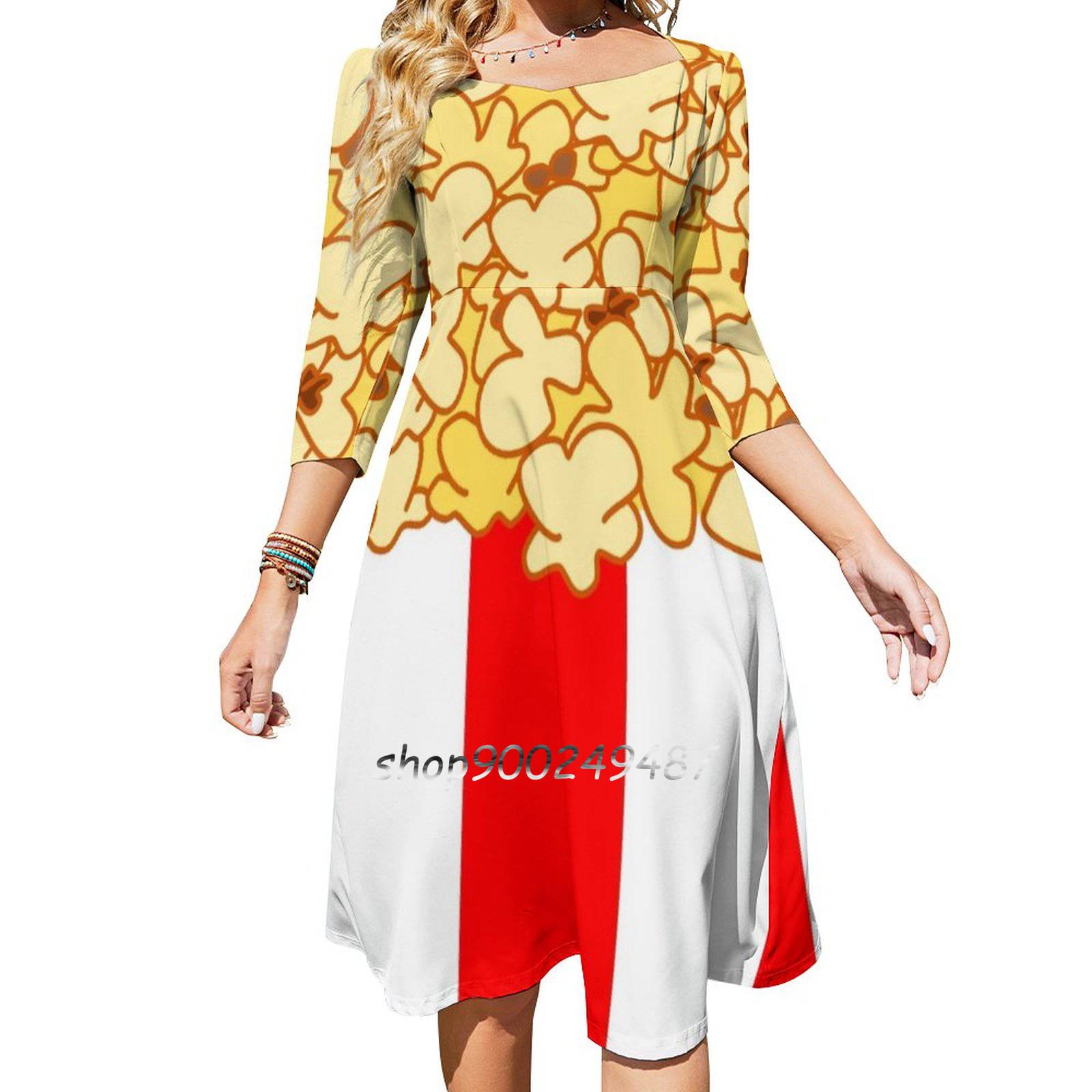 Popcorn Square Neck Dress Cute Loose Print Dresses Elegant Beach Party ...