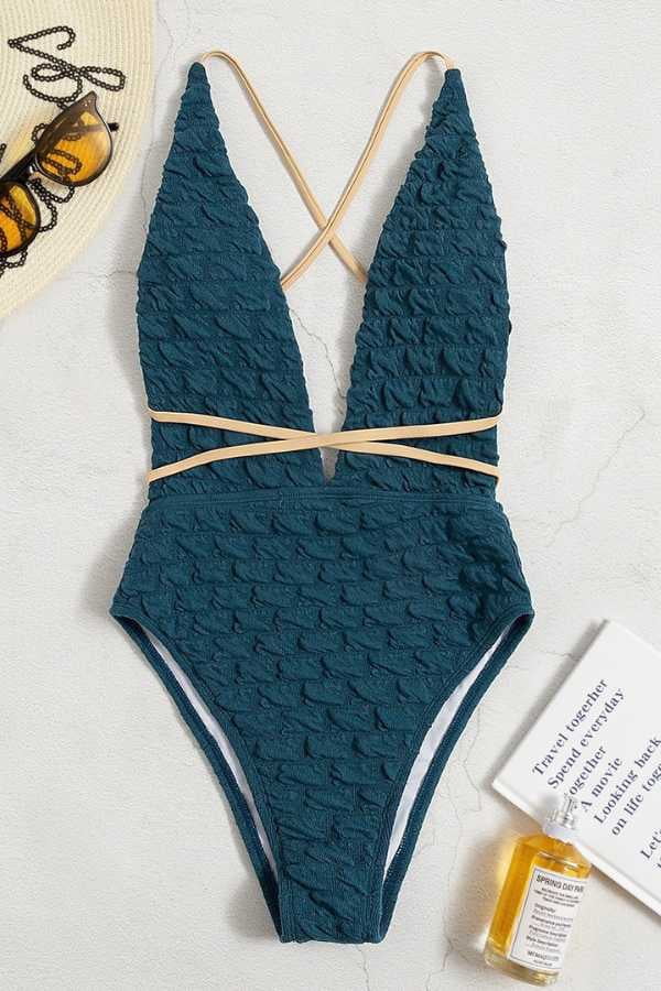 Popcorn Texture Backless Swimsuit (M, DeepLakeBlue) - Walmart.com