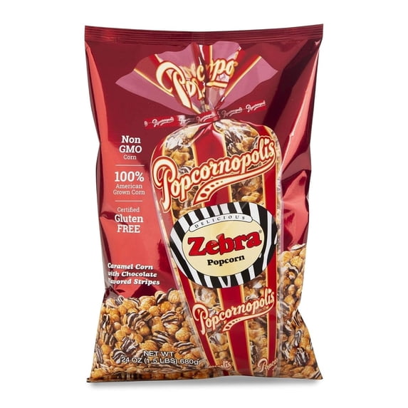 Popcornopolis Zebra Popcorn, Caramel Chocolate Stripes, Gourmet Snack ...
