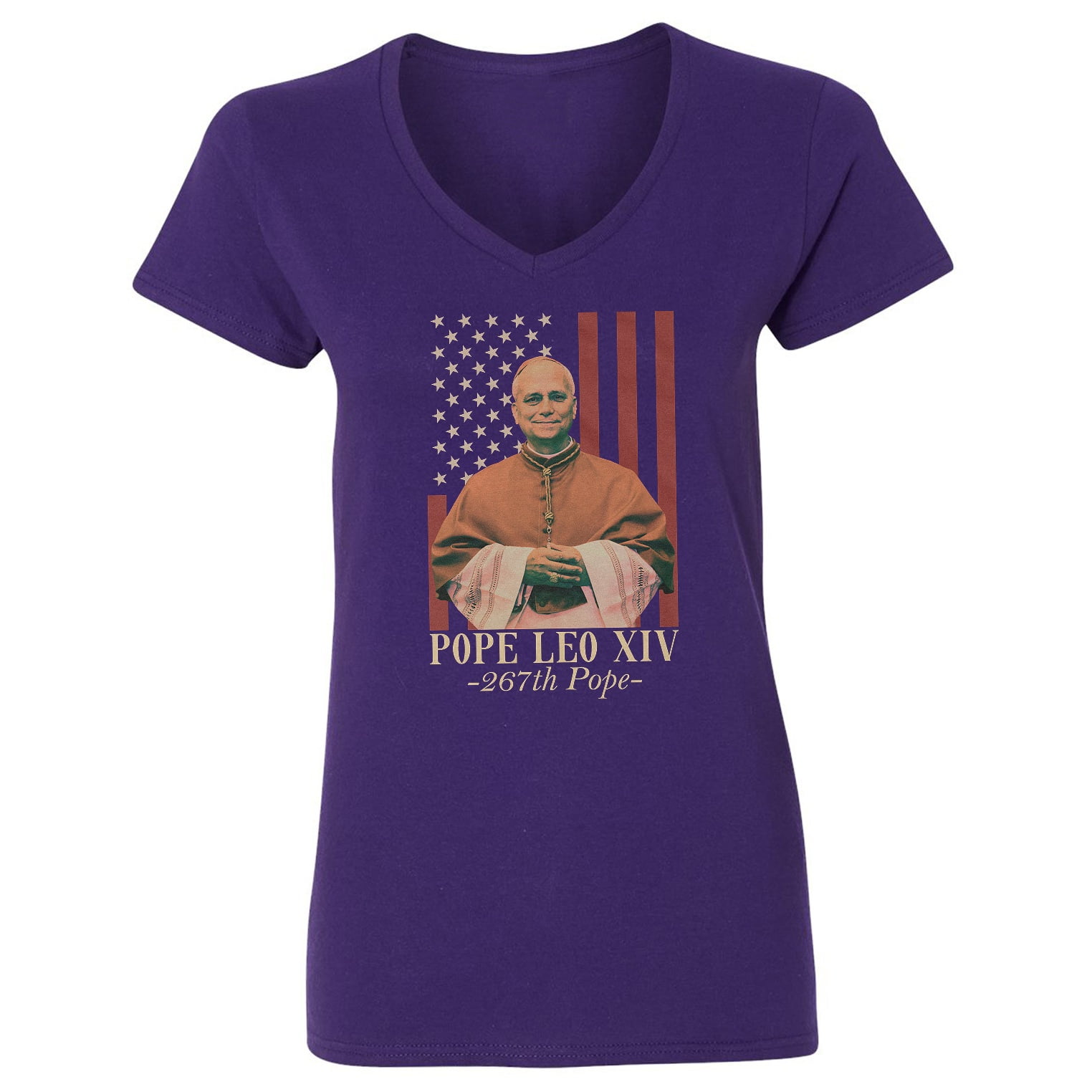 Pope Leo XIV American Flag - 267th Pope Tribute Ladies' V-Neck Tshirt (Purple, Small) - Walmart.com