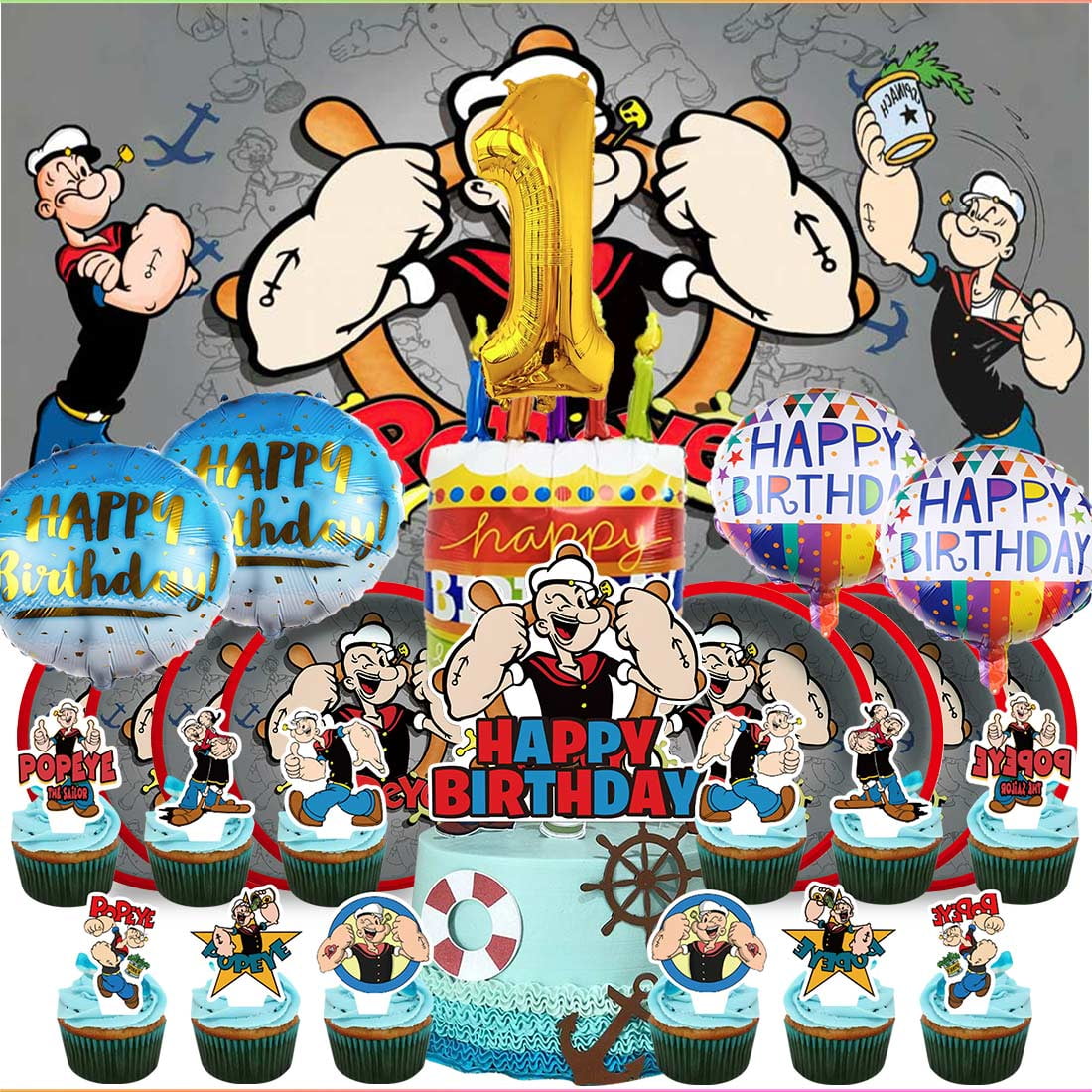 Popeye 1st Tableware Balloons Cake Toppers Backdrop Banner Supplies ...