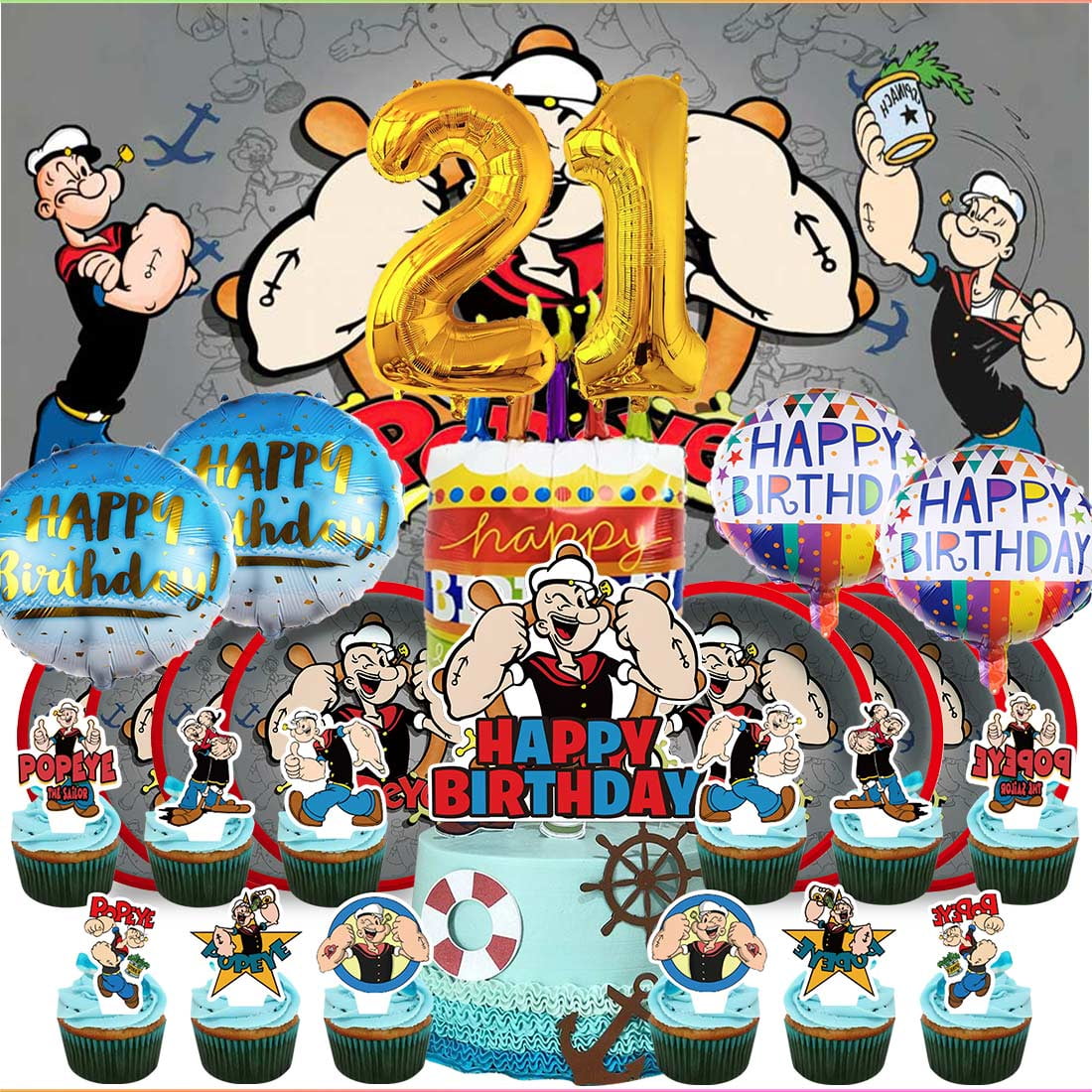 Popeye 21th Tableware Balloons Cake Toppers Backdrop Banner Supplies ...