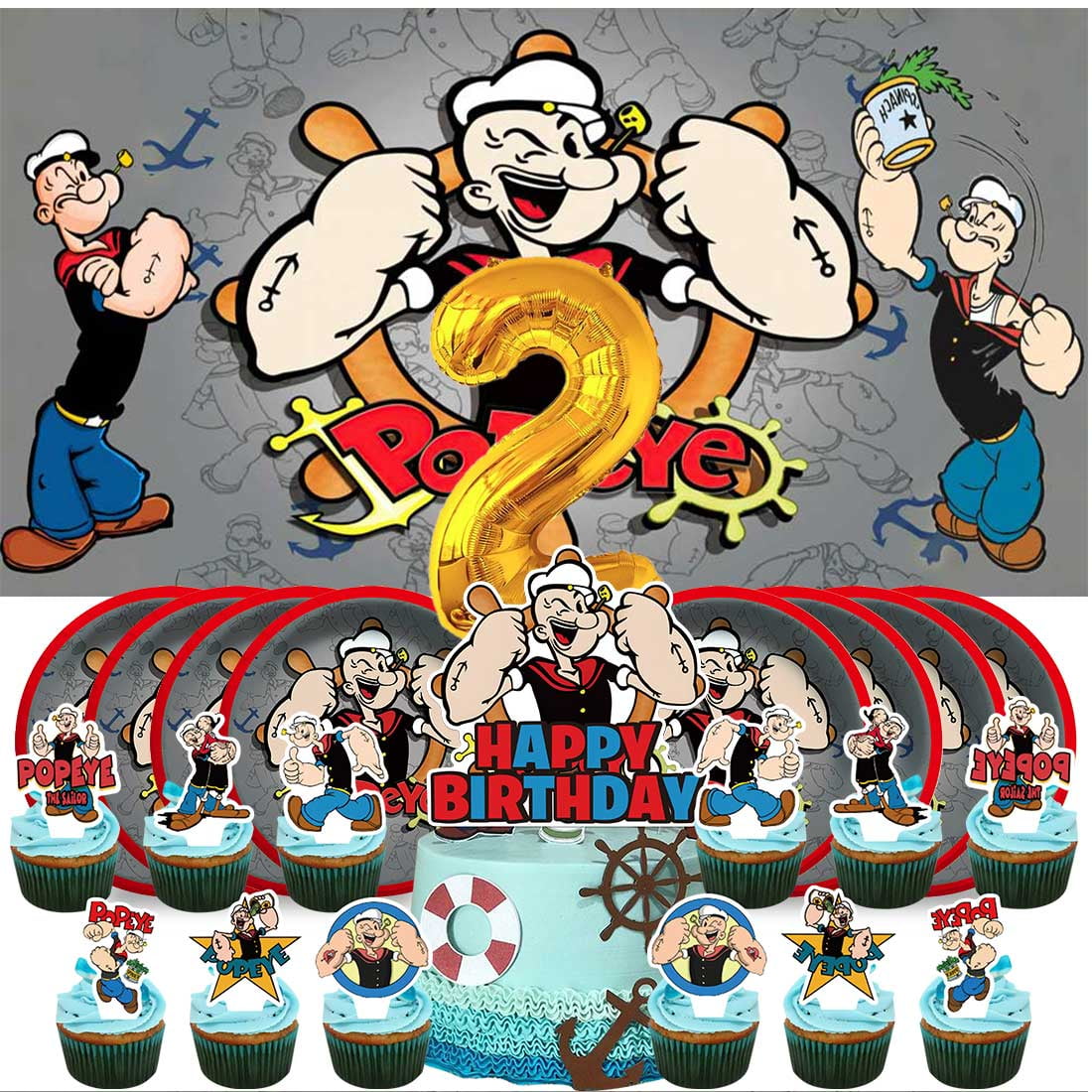 Popeye Balloons Party Supplies 2nd Decor Tableware Birthday Cake Topper ...