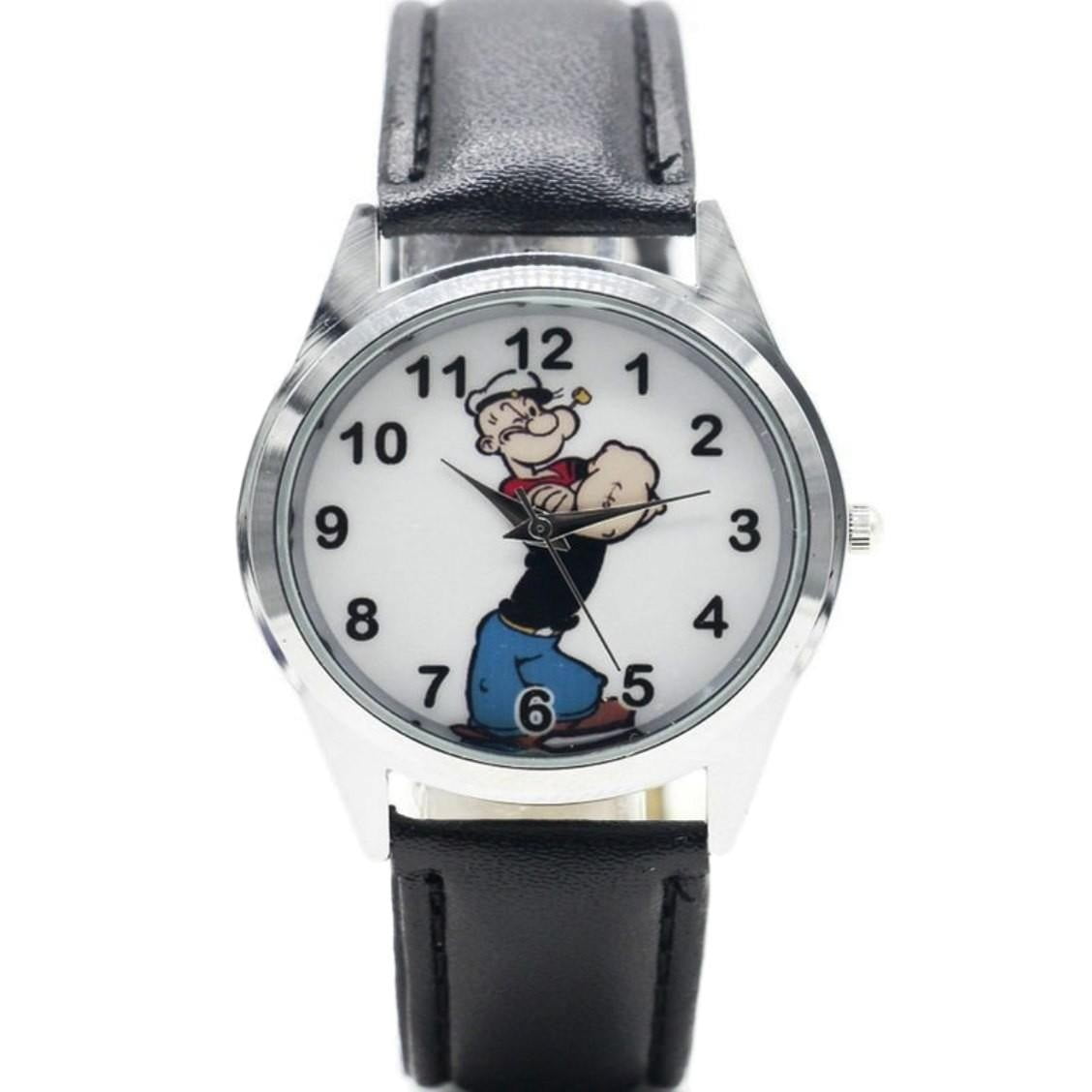 Popeye Cartoon Character Black Leather Band Wrist Watch - Walmart.com