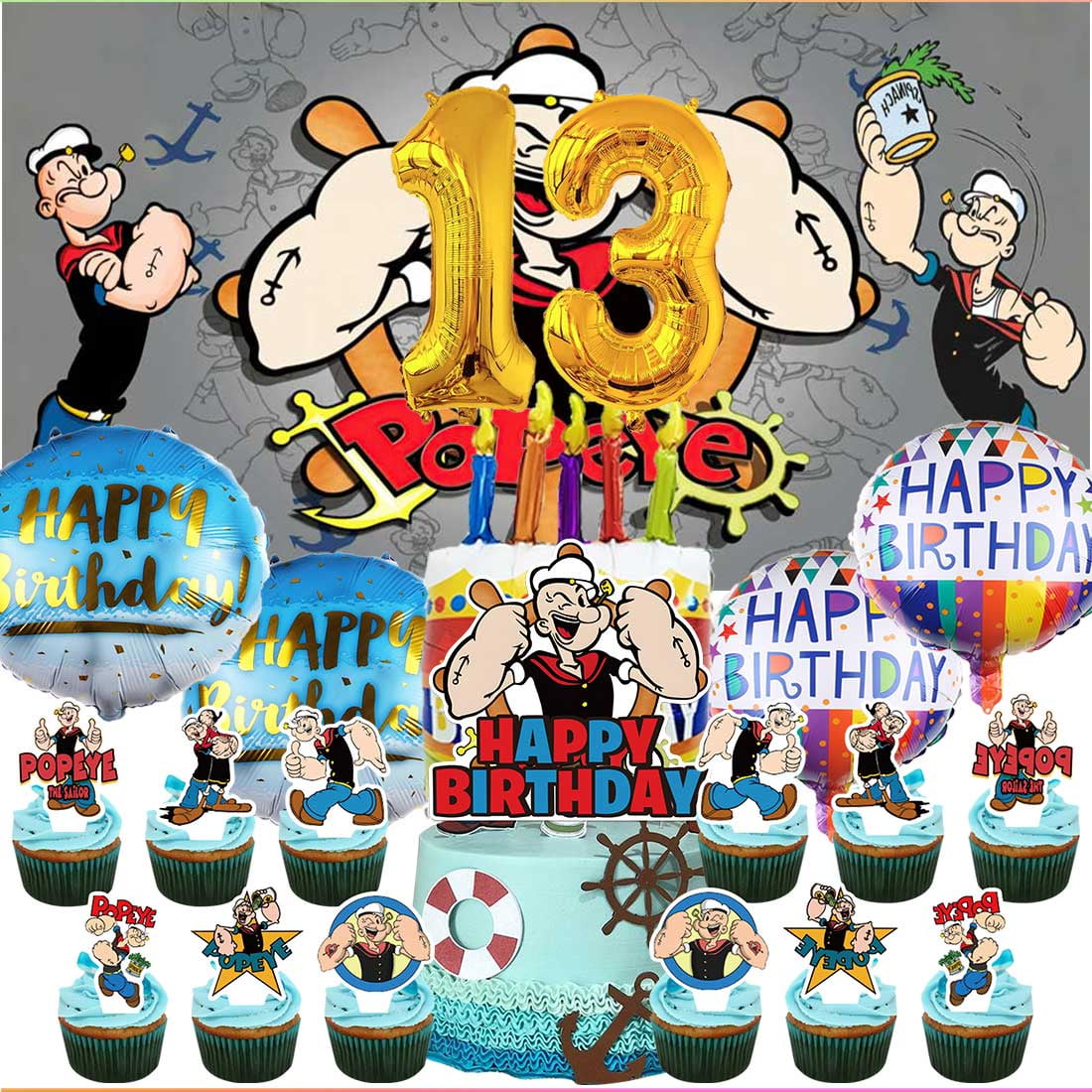 Popeye Party Supplies Decor 13th Kit Balloons Birthday Cake Topper ...