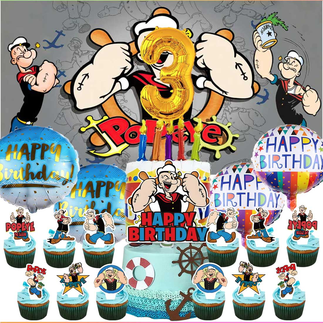 Popeye Party Supplies Decor 3rd Kit Balloons Birthday Cake Topper ...