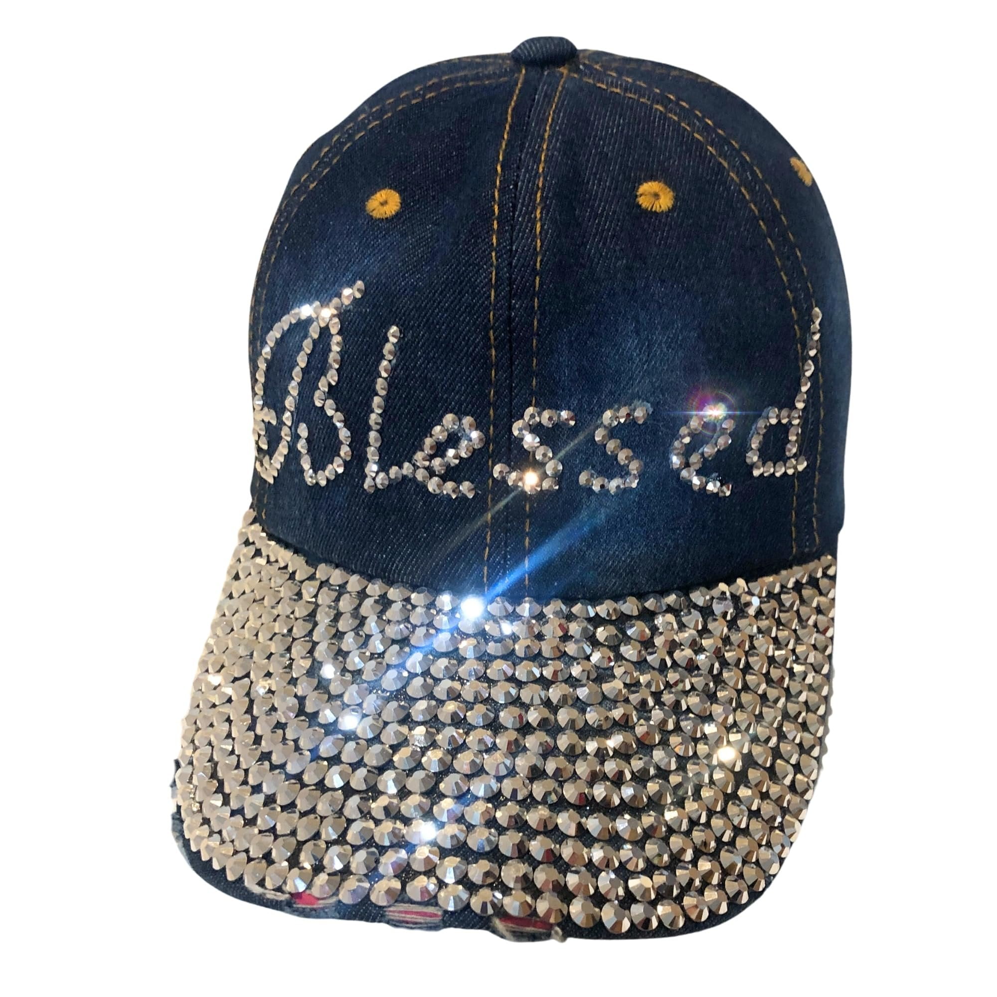 Popfizzy Bedazzled Blessed Hats for Women, Handmade Bling Denim Blue Cap - Walmart.com