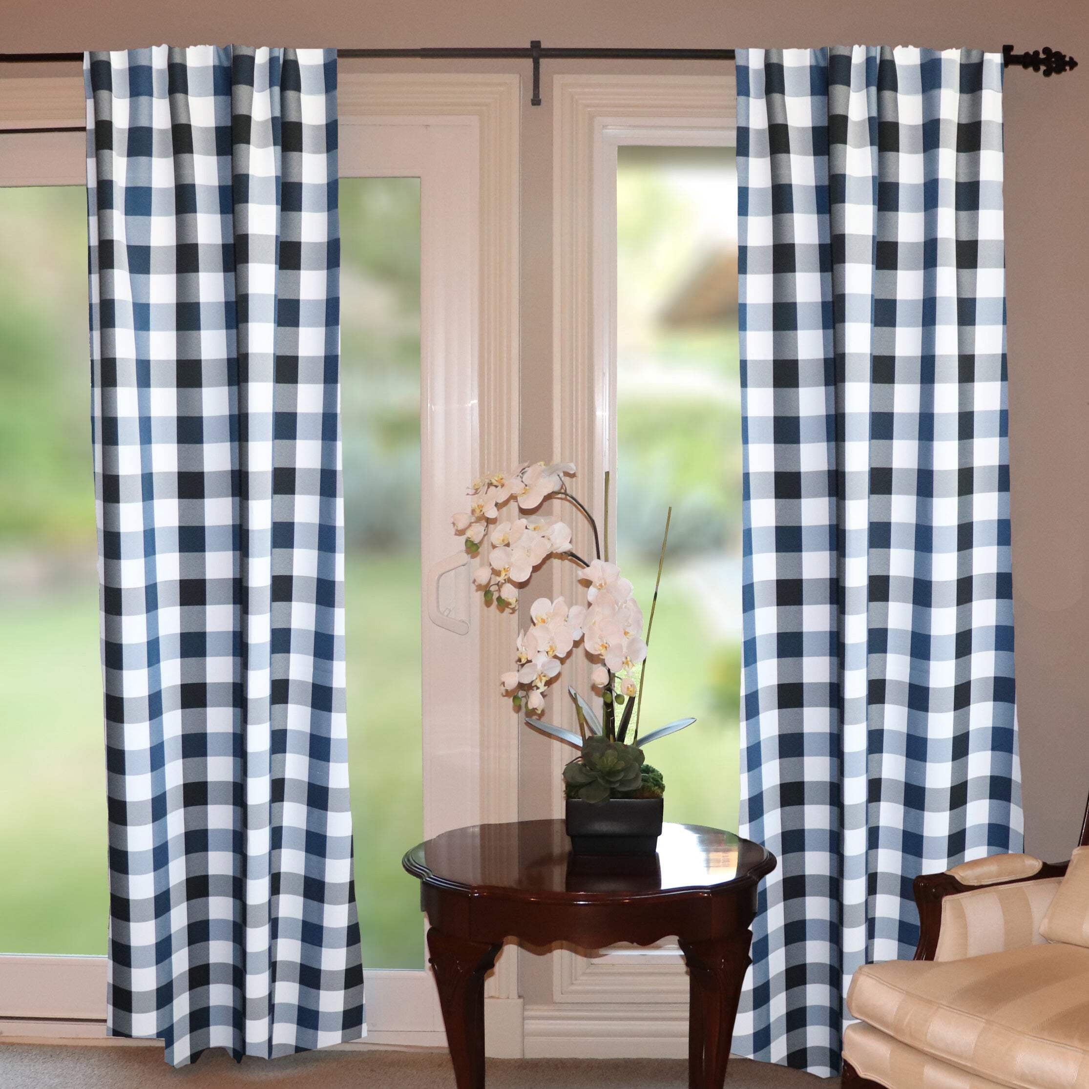 Poplin Buffalo Checkered Window Curtain 56 Inch Wide Black Navy and ...