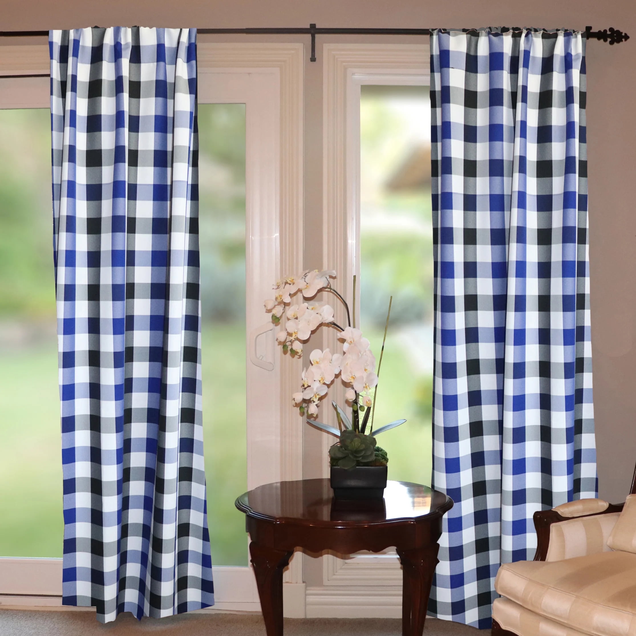 Poplin Buffalo Checkered Window Curtain 56 Inch Wide Black Royal Blue ...