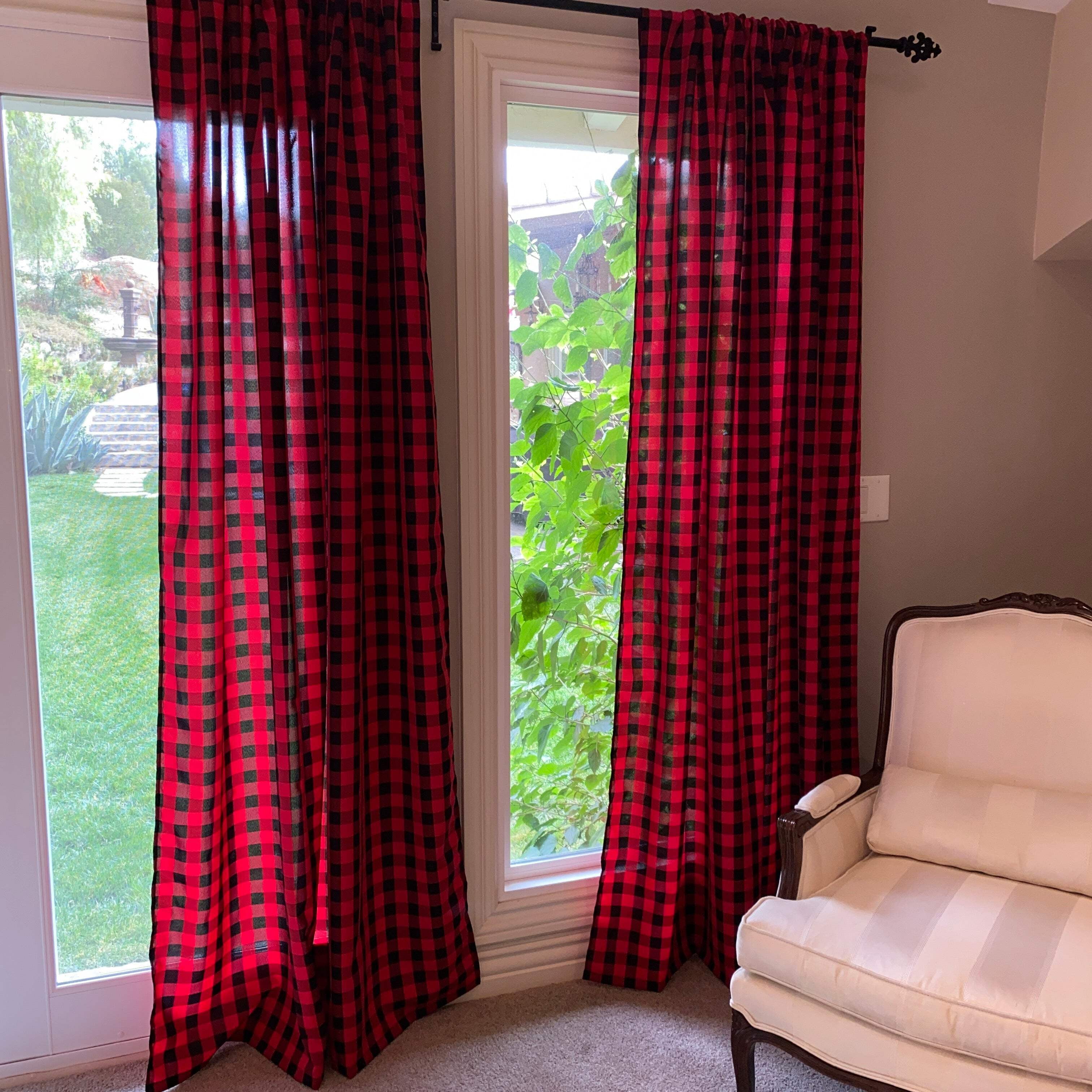 Poplin Gingham Checkered Window Curtain 56 Inch Wide Black and Red ...
