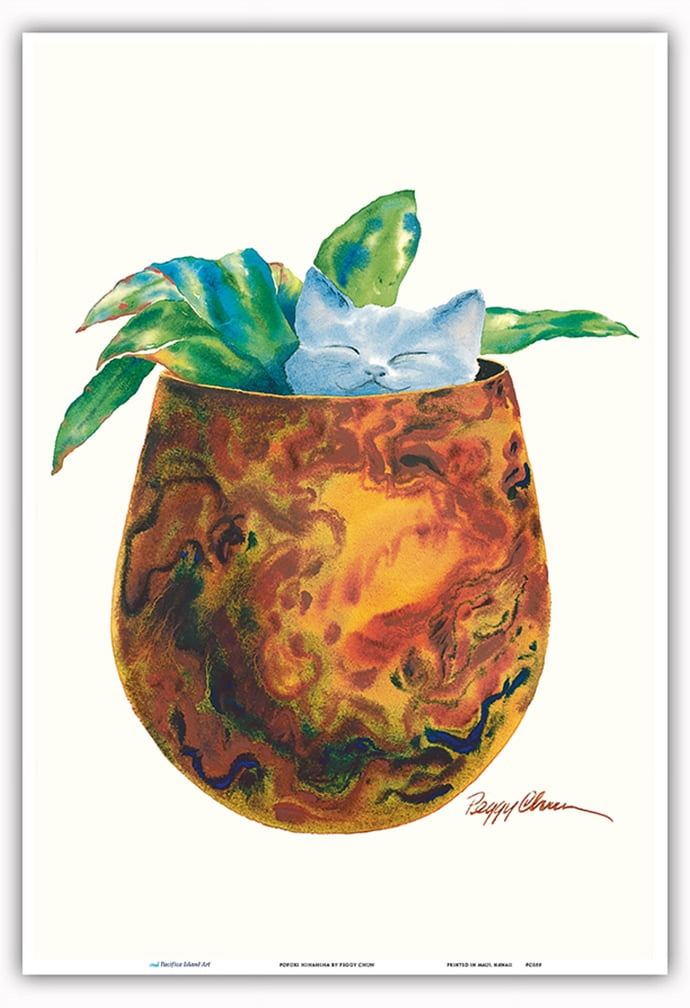 Popoki Hinahina - Hawaiian Gray Cat in a Koa Wood Bowl - From an Original Hawaii Watercolor ...