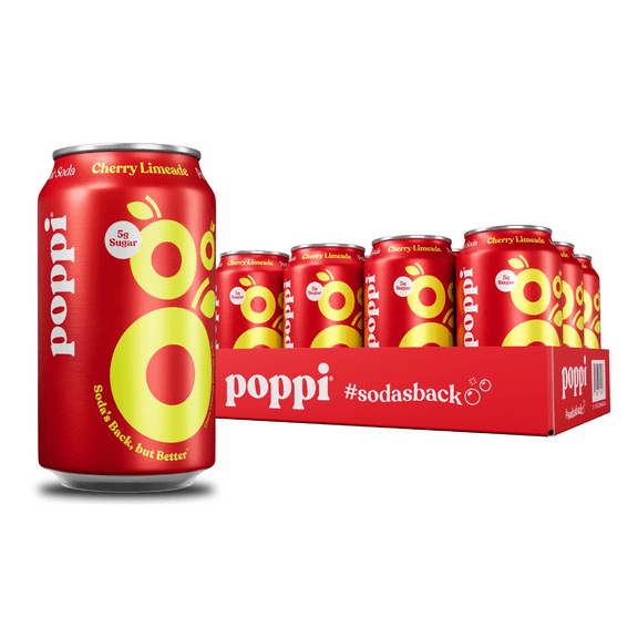 poppi Raspberry Rose Prebiotic Soda, 12 oz, 4 Pack Cans with 5g Sugar ...