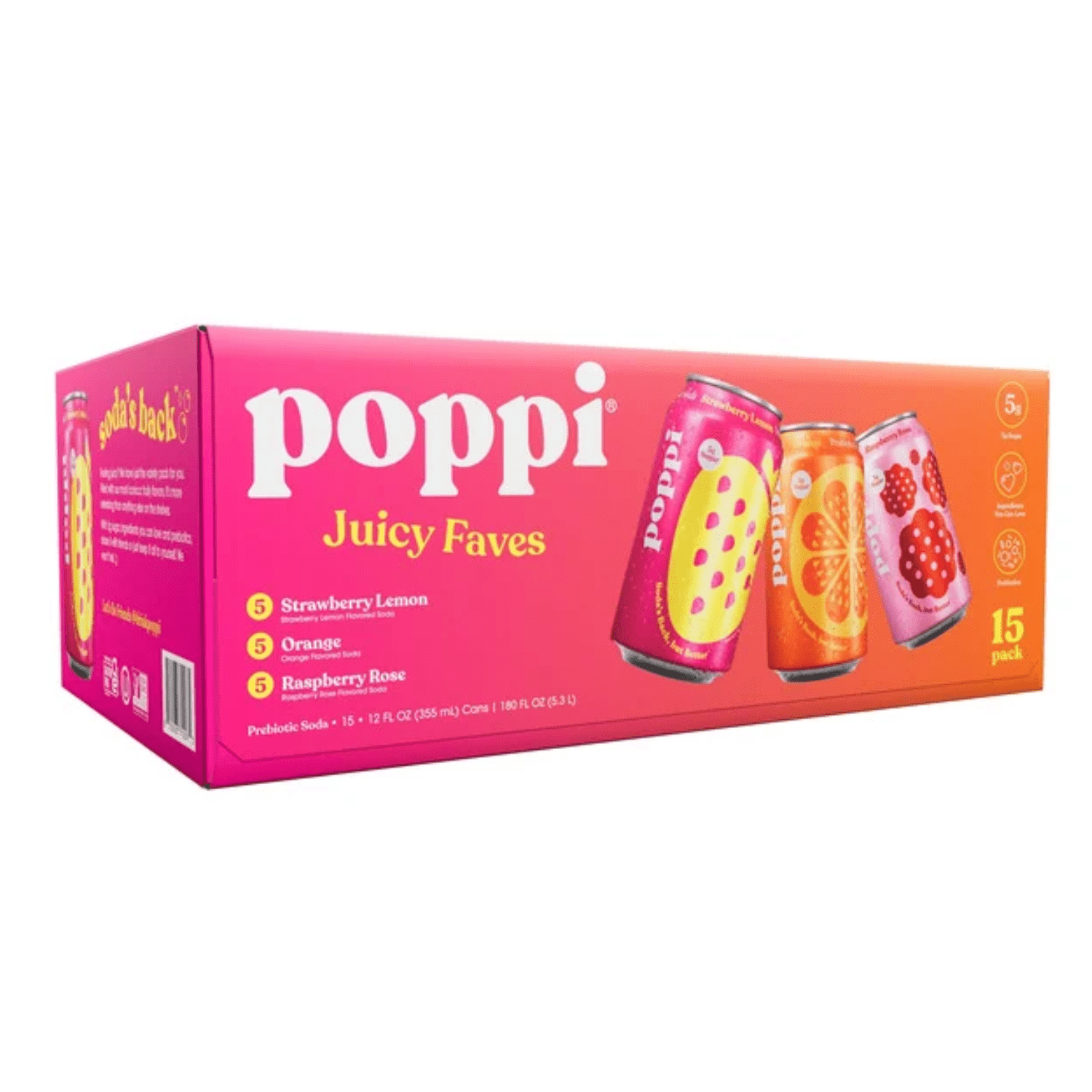Poppi Prebiotic Soda Juicy Faves Variety Pack 12 fl oz Cans, 15 Count ...