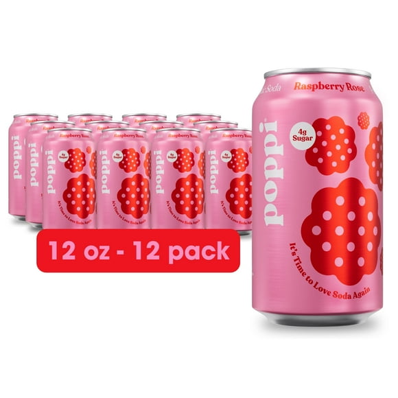 Poppi Raspberry Rose Prebiotic Soda, 12 oz, 12 Pack Cans