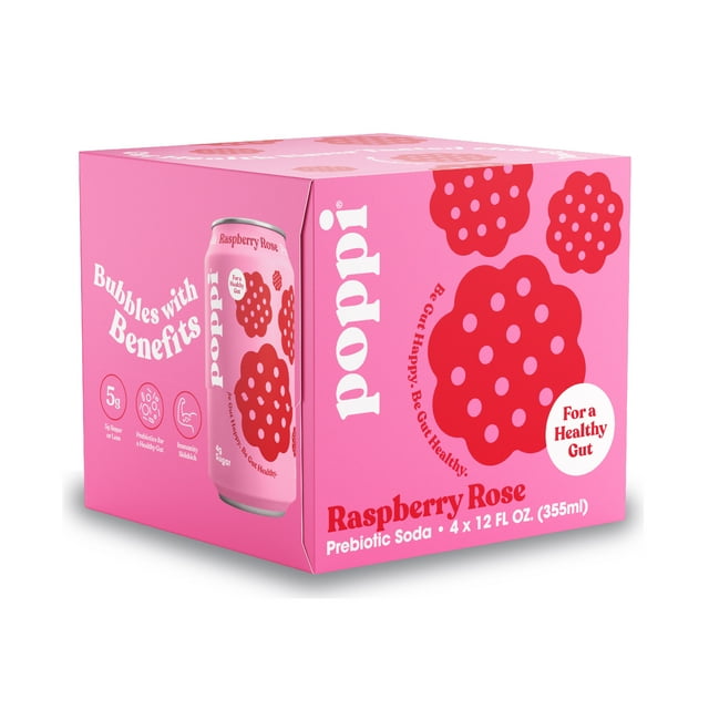 Poppi Prebiotic Soda, Raspberry Rose, 12 fl oz, 4 Pack - Walmart.com