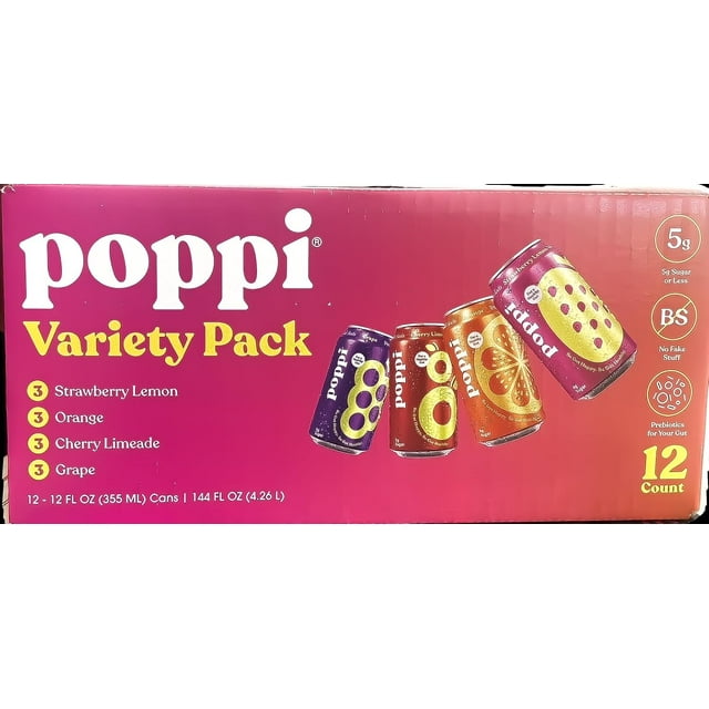 Poppi Prebiotic Soda Variety Pack (Strawberry Lemon, Orange, Cherry ...