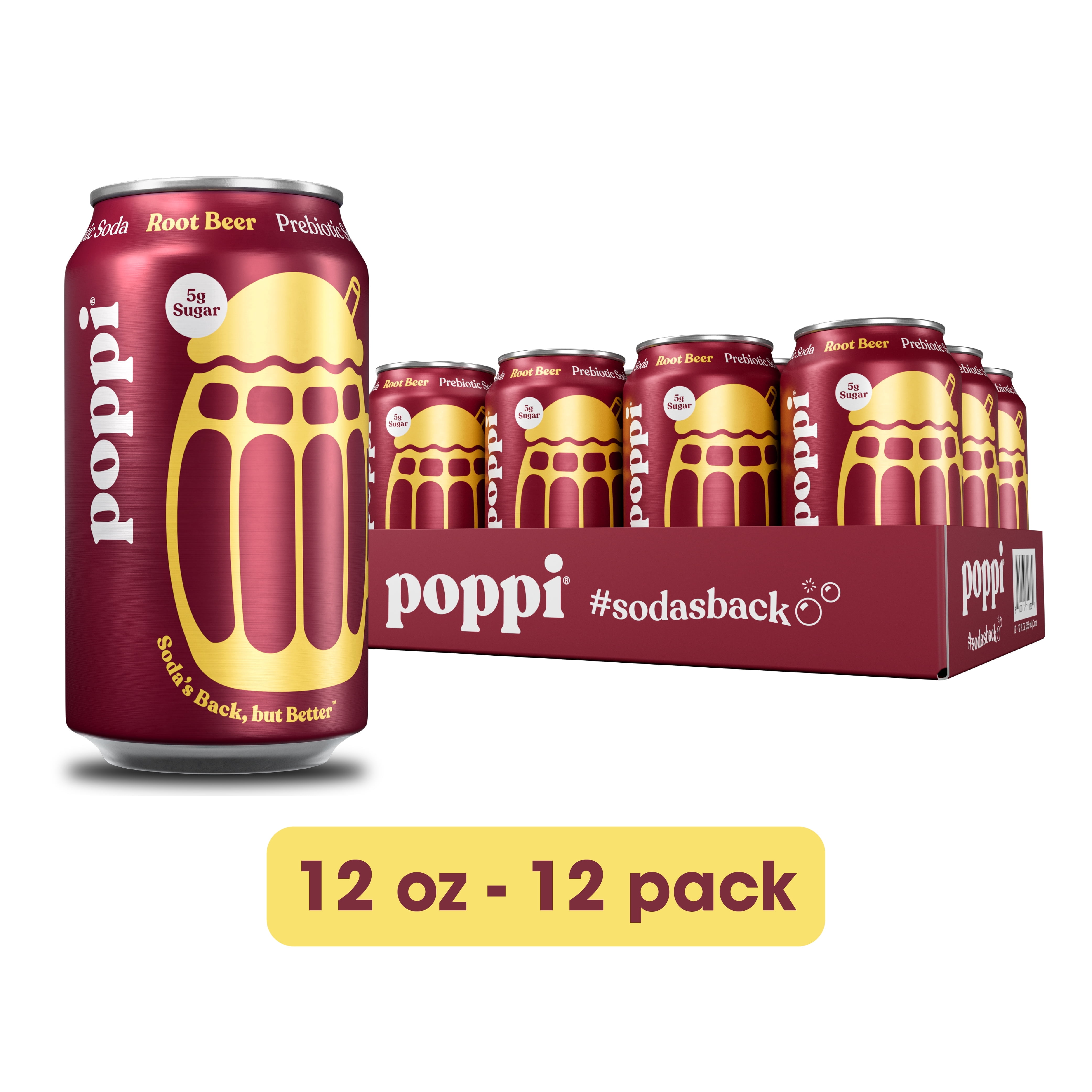poppi Root Beer Prebiotic Soda, 12 oz Cans, 12 Pack, Low Sugar, 35 ...