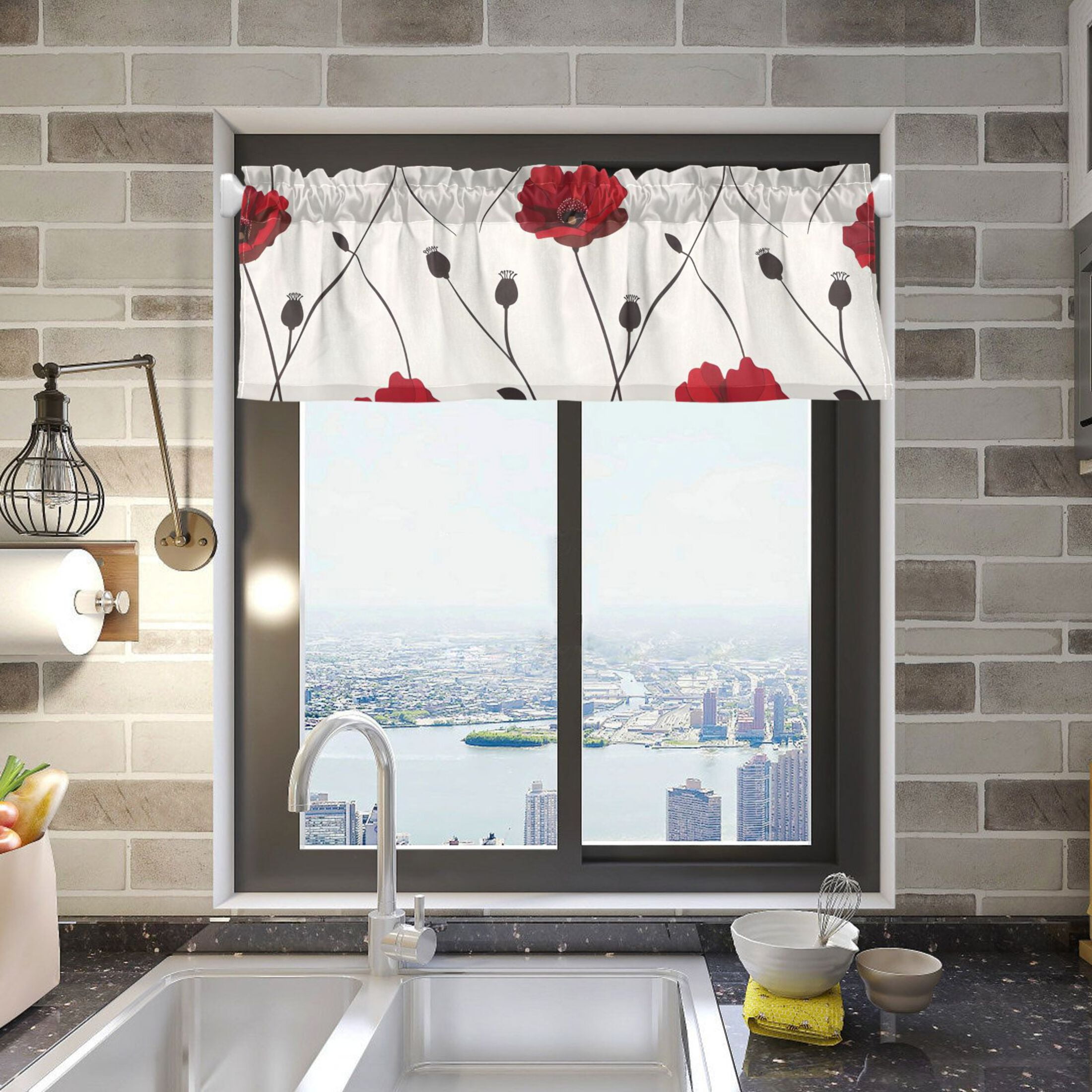 Poppies Flower Valance Curtains 54"x18" Rod Pocket for Kitchen Living ...