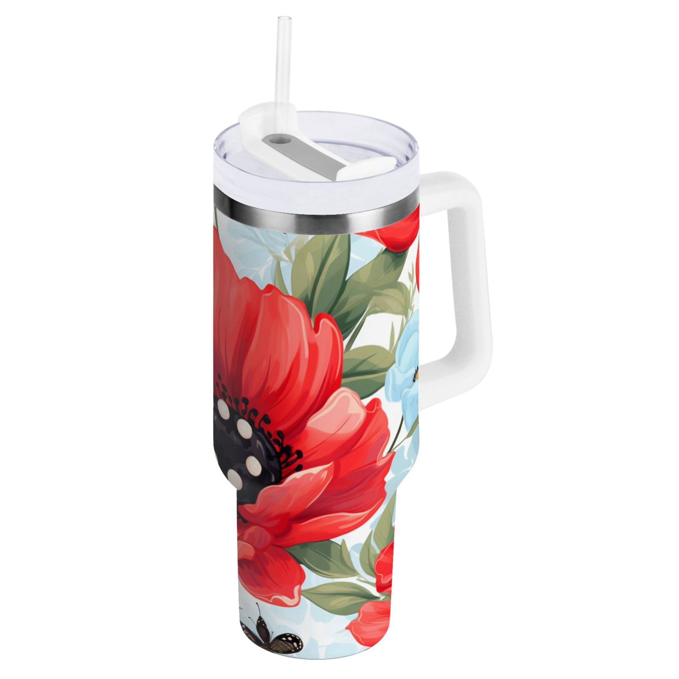 Poppies Flower and Butterflies 30 oz Tumbler with Handle and Straw Lid ...