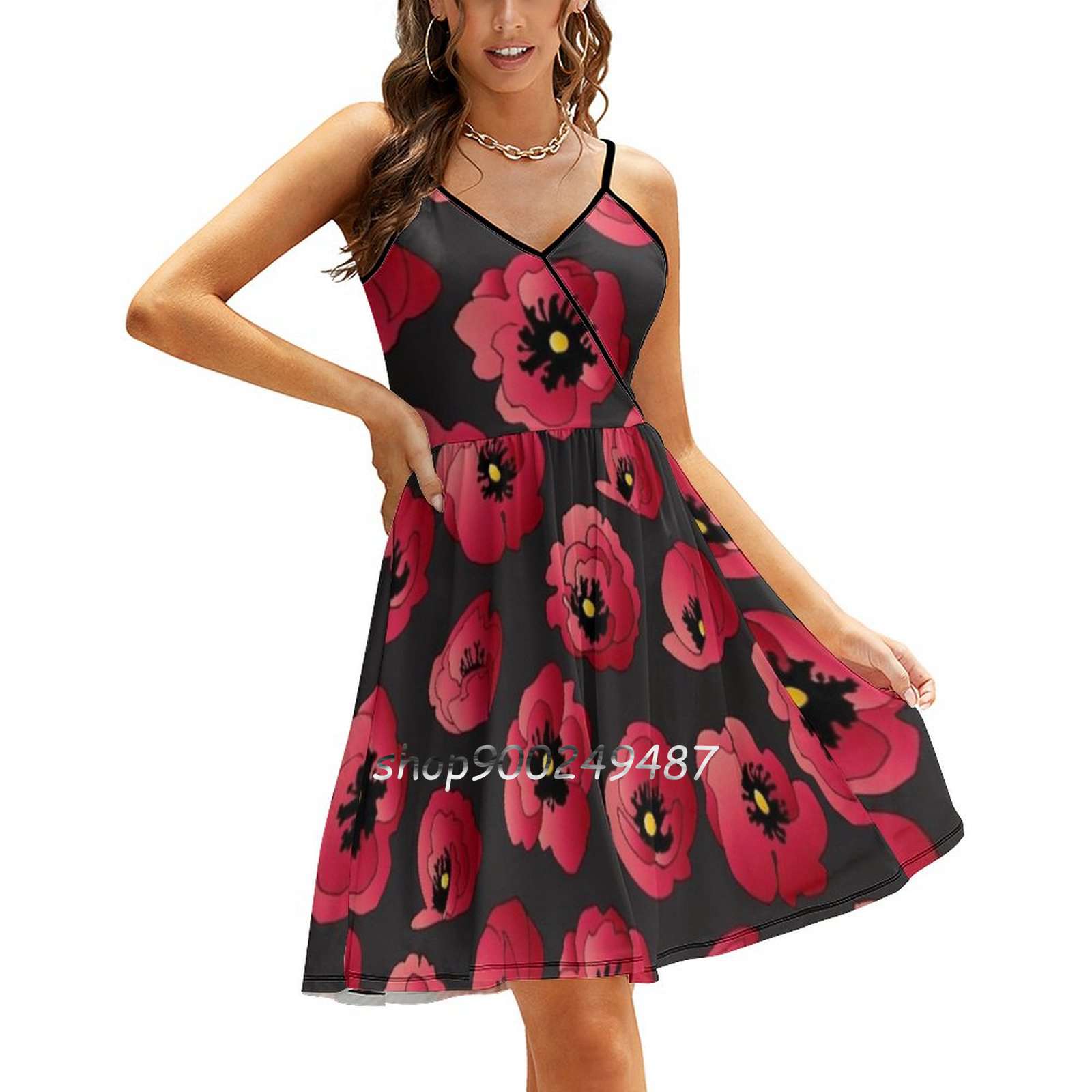 Poppies On Black Flare Dress Square Neck Dress Elegant Female Fashion ...