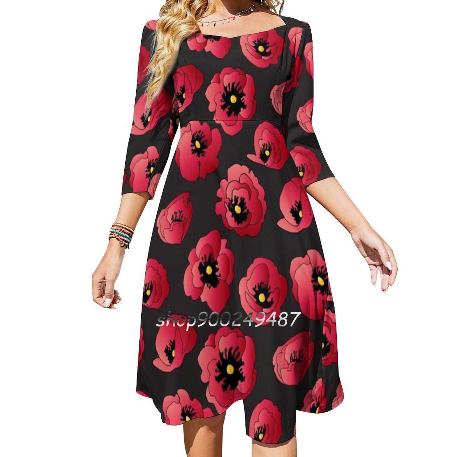 Poppies On Black Flare Dress Square Neck Dress Elegant Female Fashion ...
