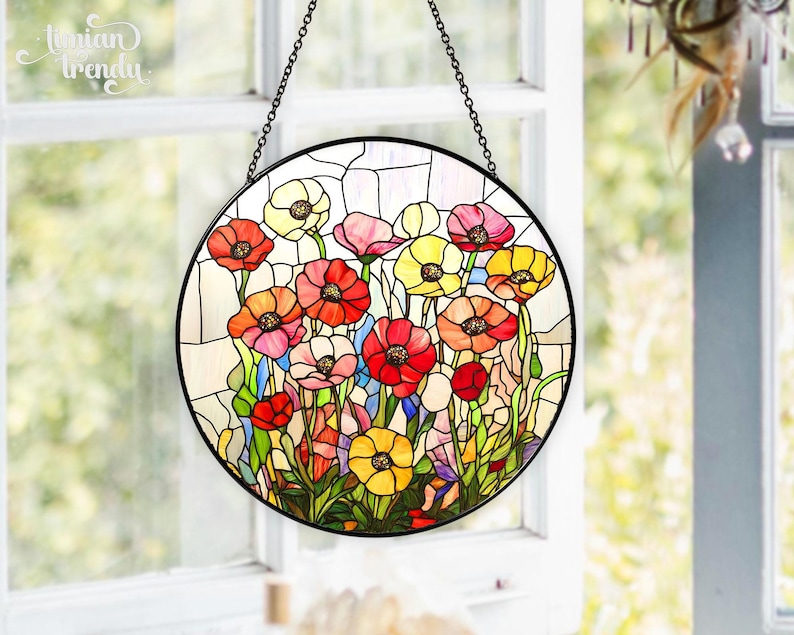 Poppies Stained Glass Suncatcher, Poppy Stain Glass Window Hanging ...