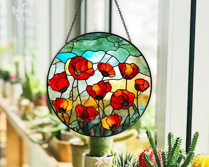 Poppies Stained Glass Suncatcher, Poppy Stain Glass Window Hanging ...