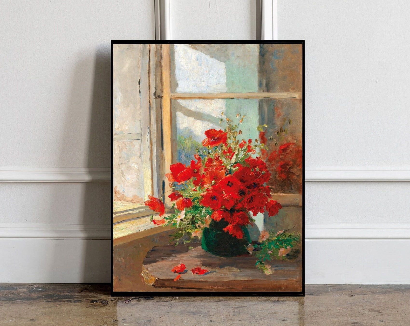 Poppies by a Window, Poppy Painting, Rustic Window Painting, Botanical ...