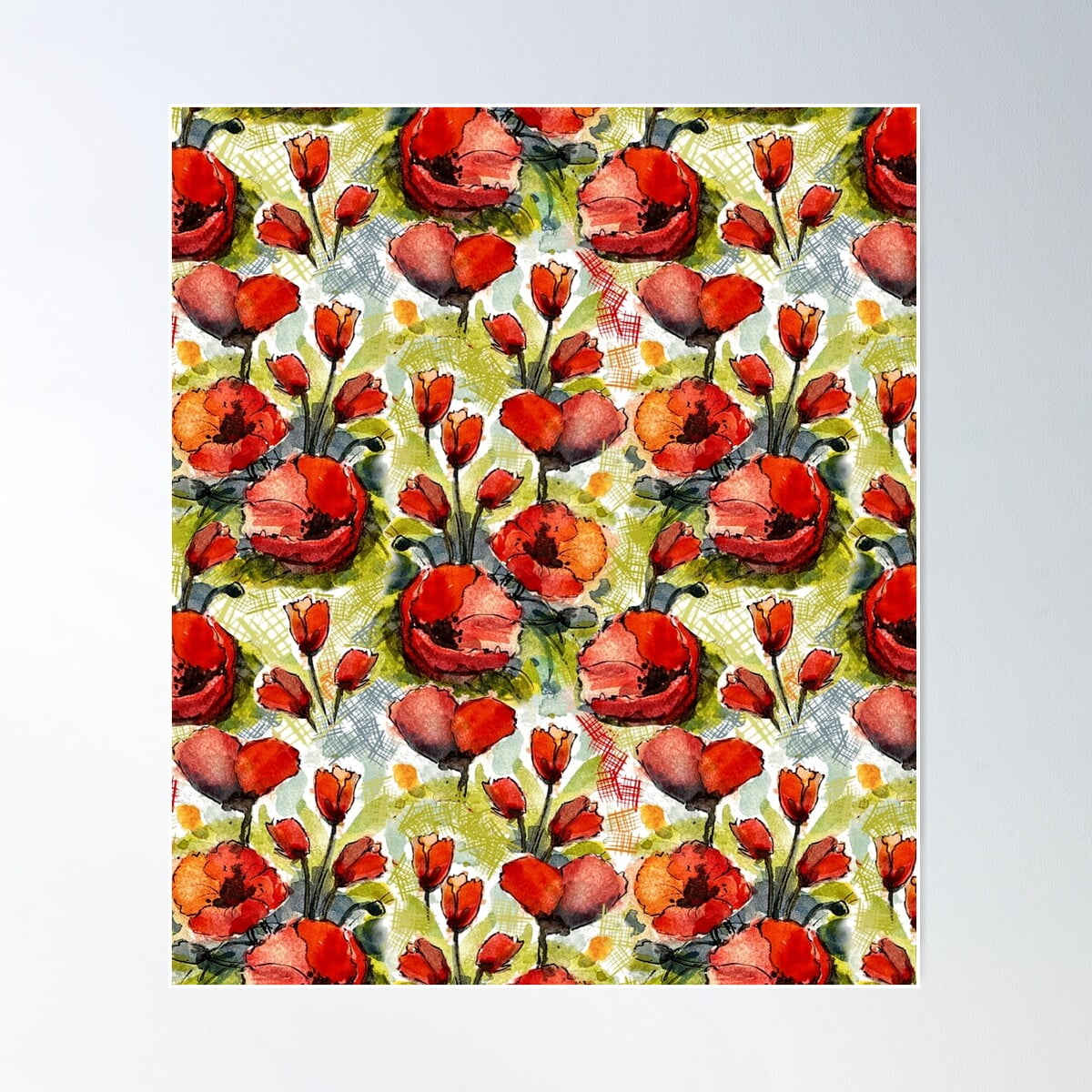 Poppin' Poppy Flower Pattern Poster Wall Art, Modern Wall Decor For ...