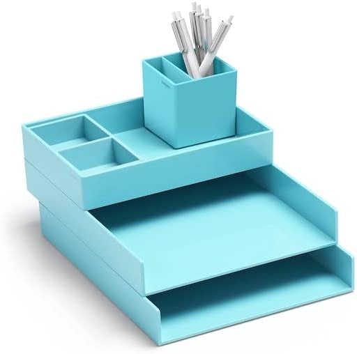 Poppin Super Stacked Desk Set - Aqua, Two Letter Trays, Accessory Tray ...