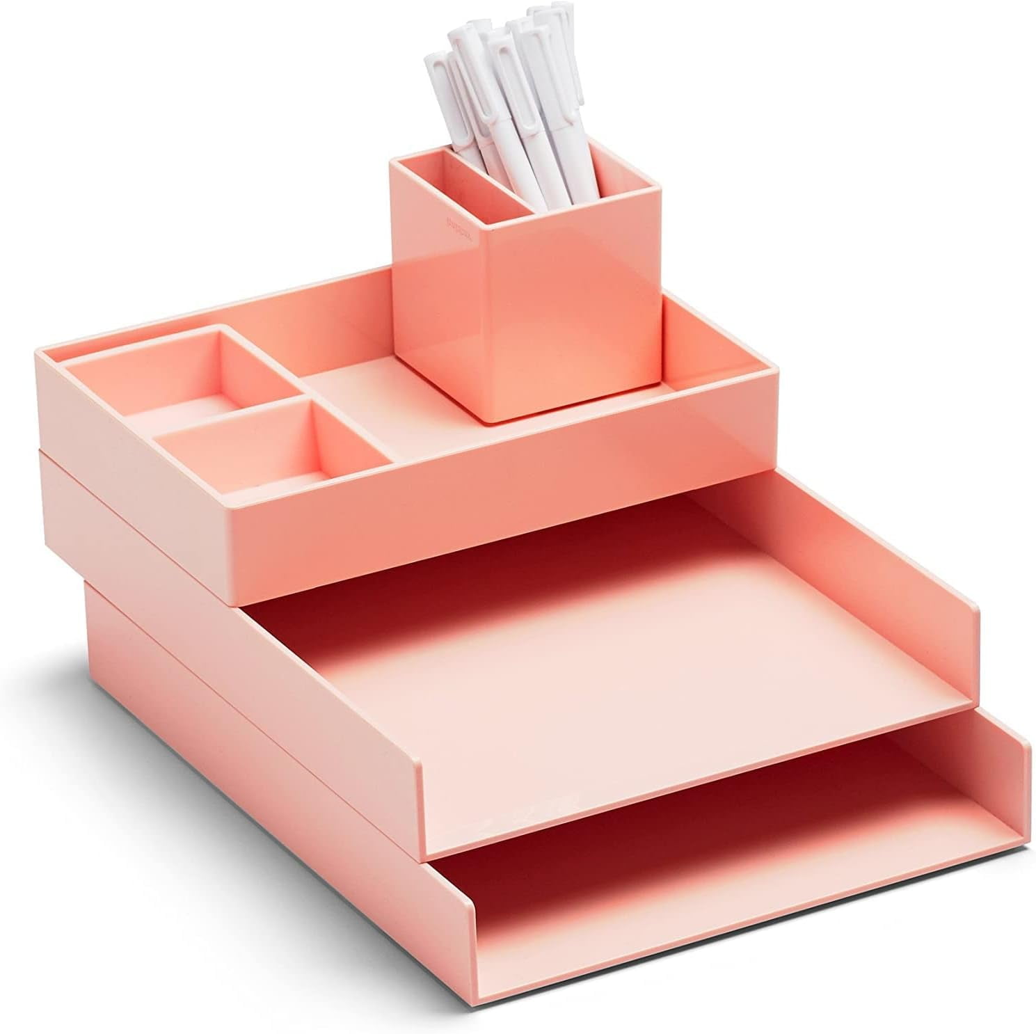 Poppin Super Stacked Desk Set - Blush, Two Letter Trays, Accessory Tray ...