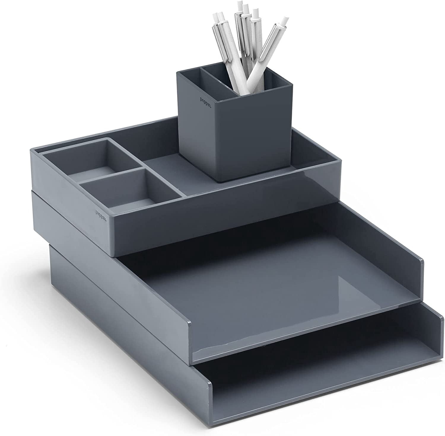 Poppin Super Stacked Desk Set - Dark Gray, Two Letter Trays, Accessory ...