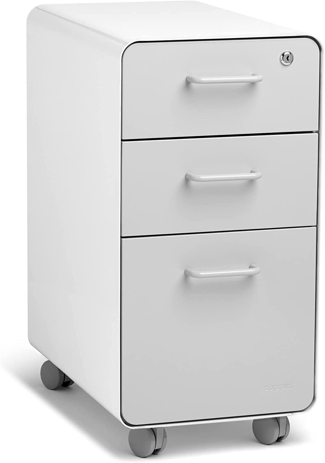 Poppin White + Gray Slim Stow 3-Drawer Rolling File Cabinet, One Lock ...