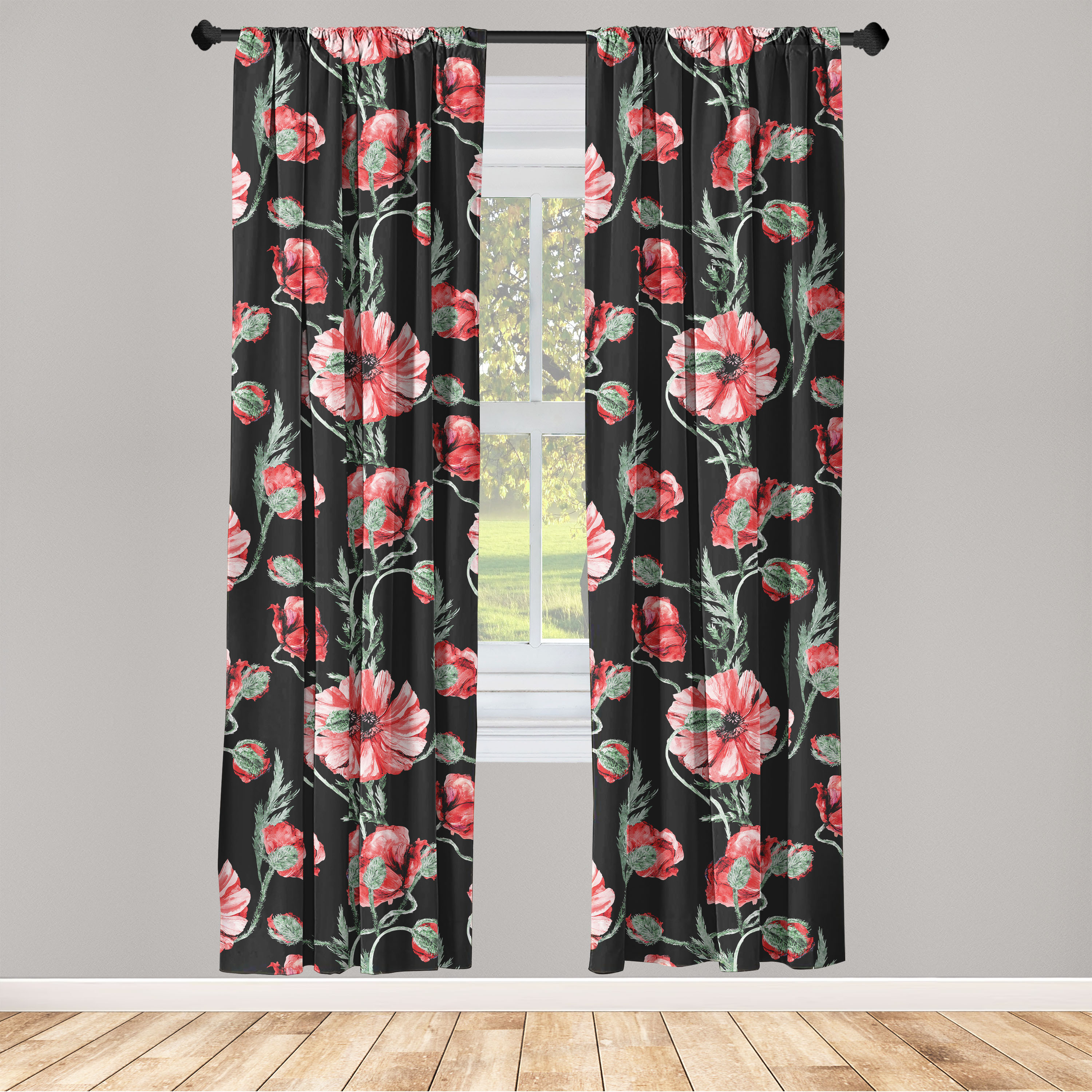 Poppy Artwork Window Curtains, Watercolor Design Night Jungle Vibes ...
