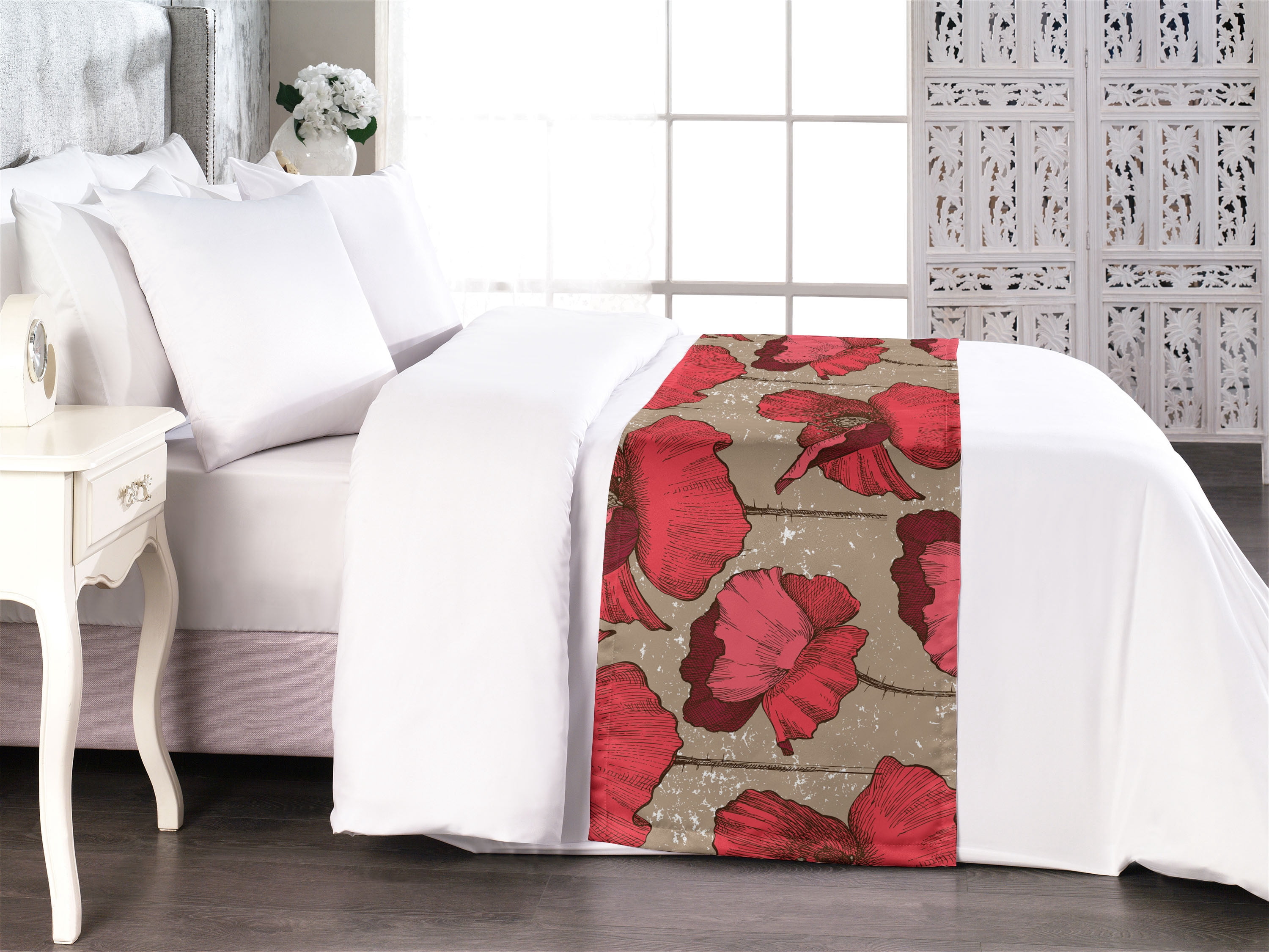 Poppy Bed Runner, Retro Style Garden Floral Blooming Ornament on Grunge ...